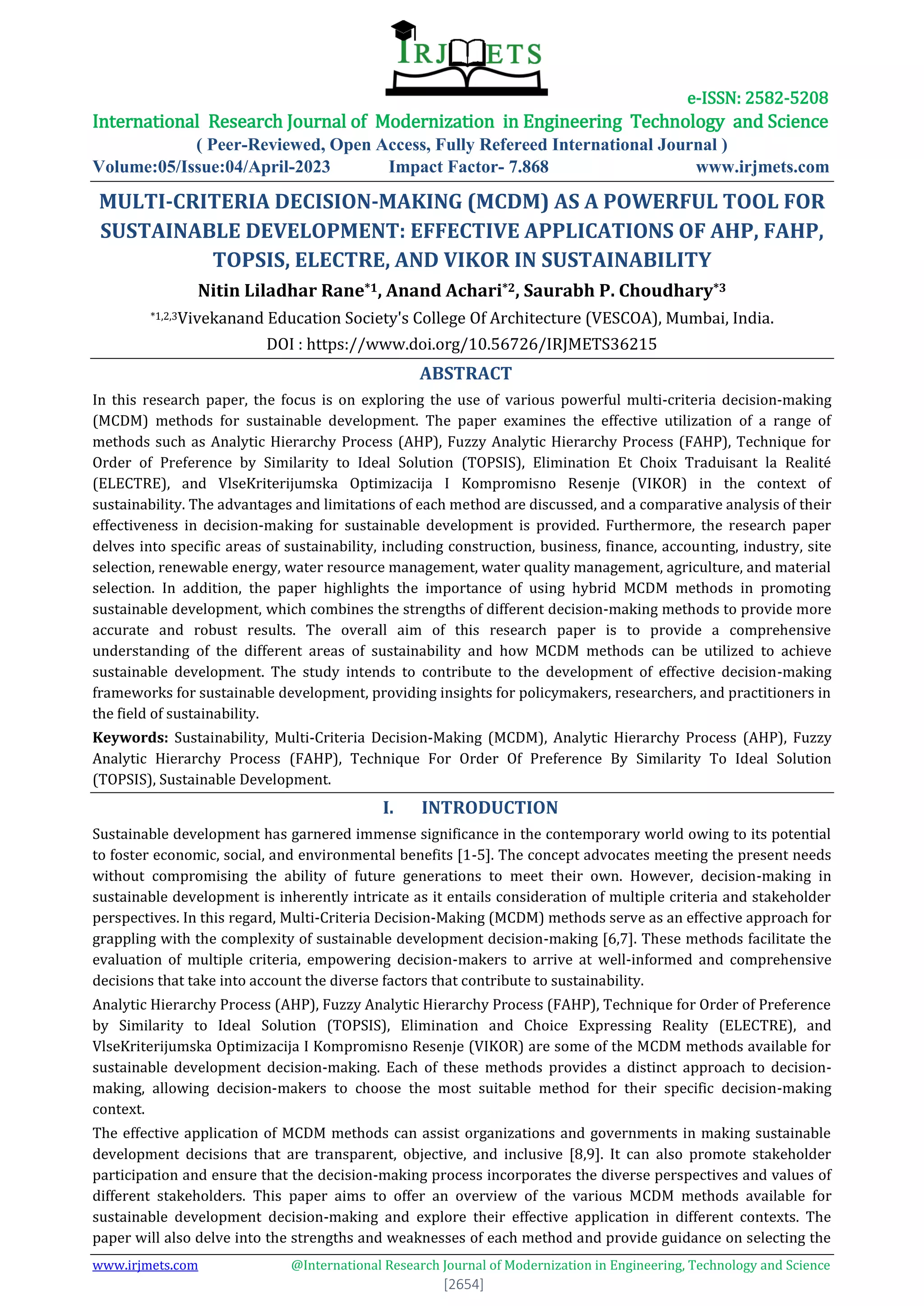 Multi-Criteria Decision-Making (MCDM) as a powerful tool for sustainable development: Effective ...