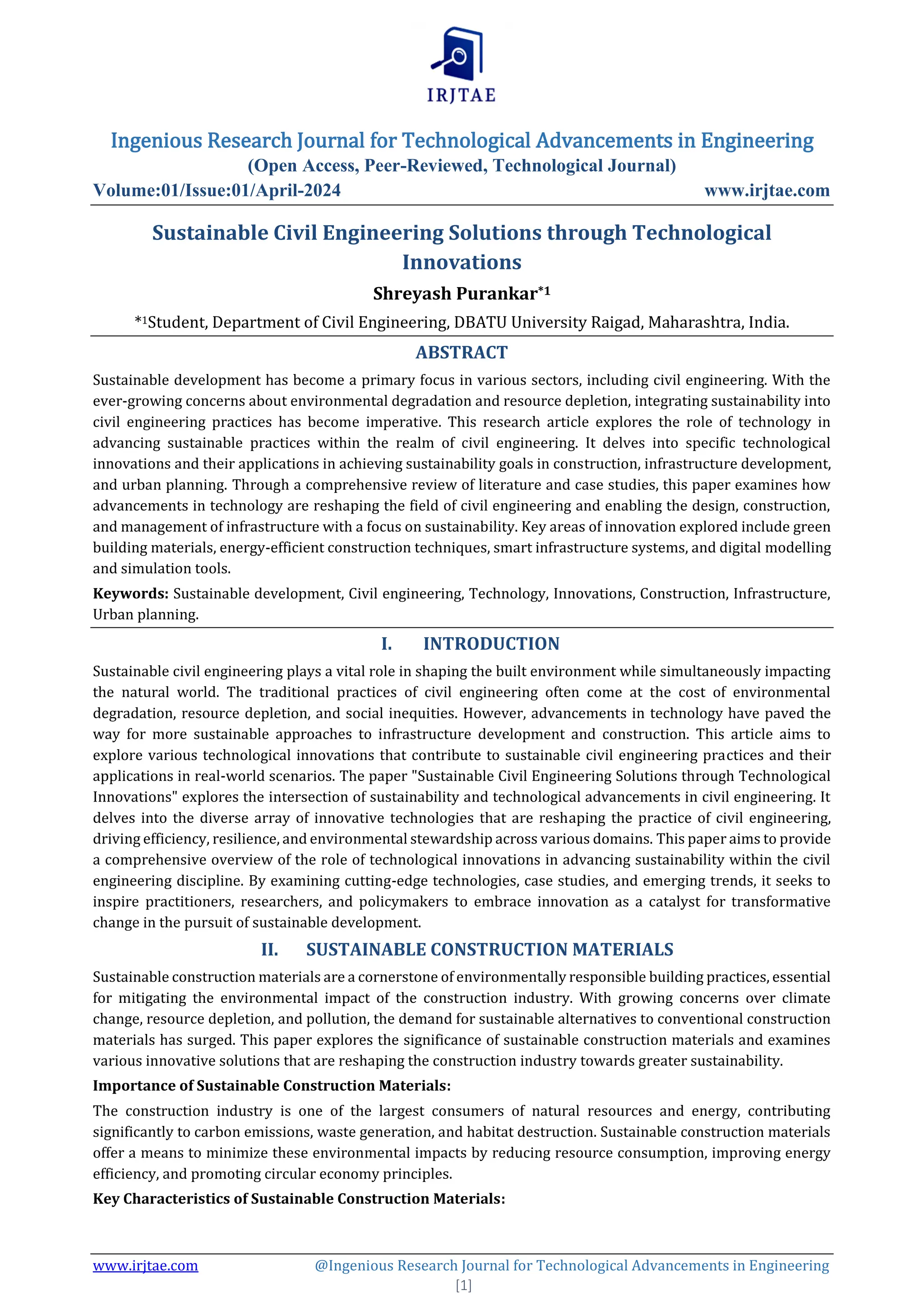 Sustainable Civil Engineering Solutions through Technological ...