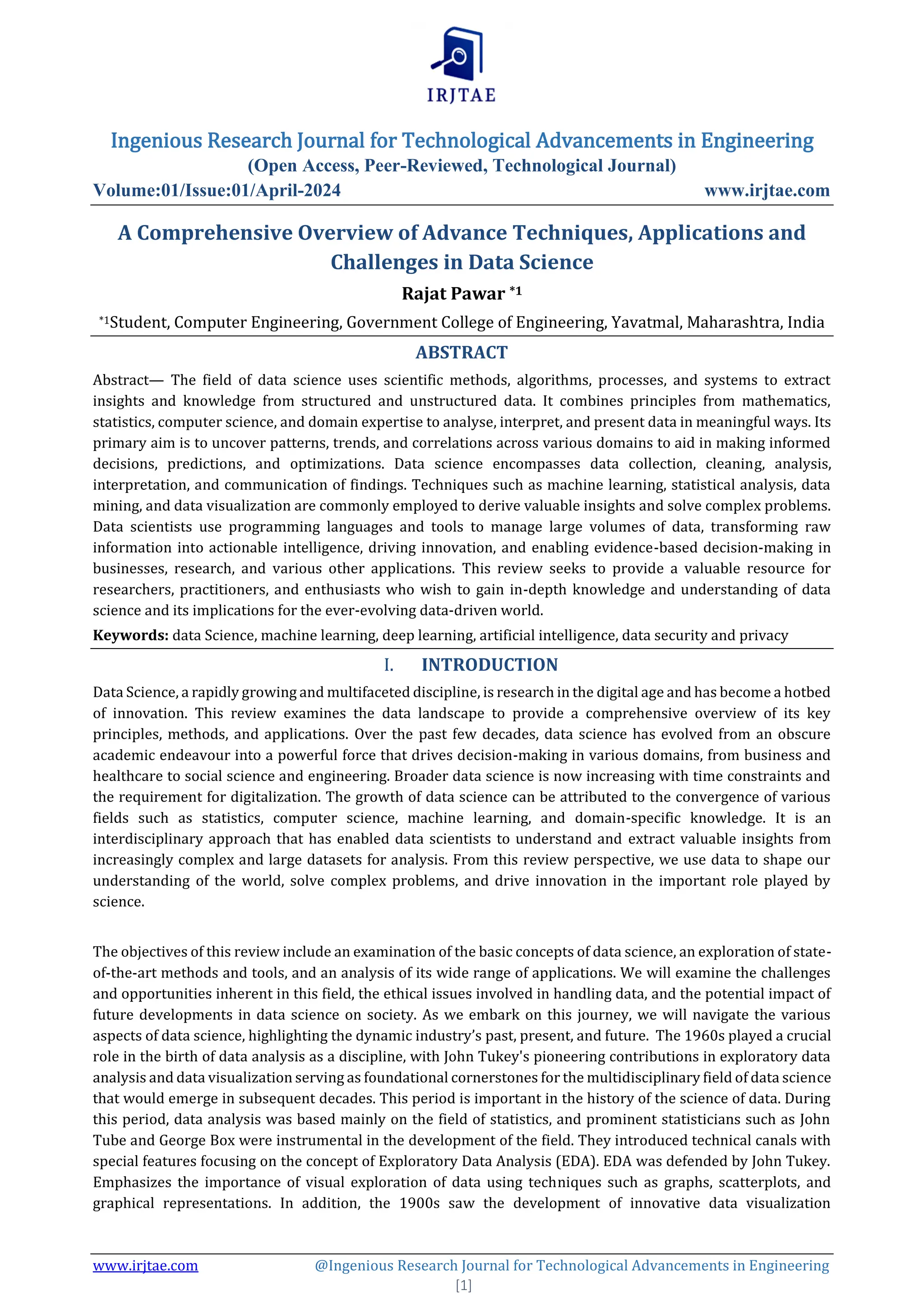 A Comprehensive Overview of Advance Techniques, Applications and Challenges in Data Science ...