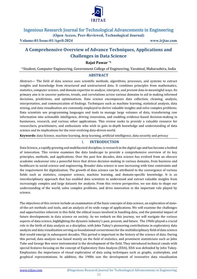 A Comprehensive Overview of Advance Techniques, Applications and Challenges in Data Science ...