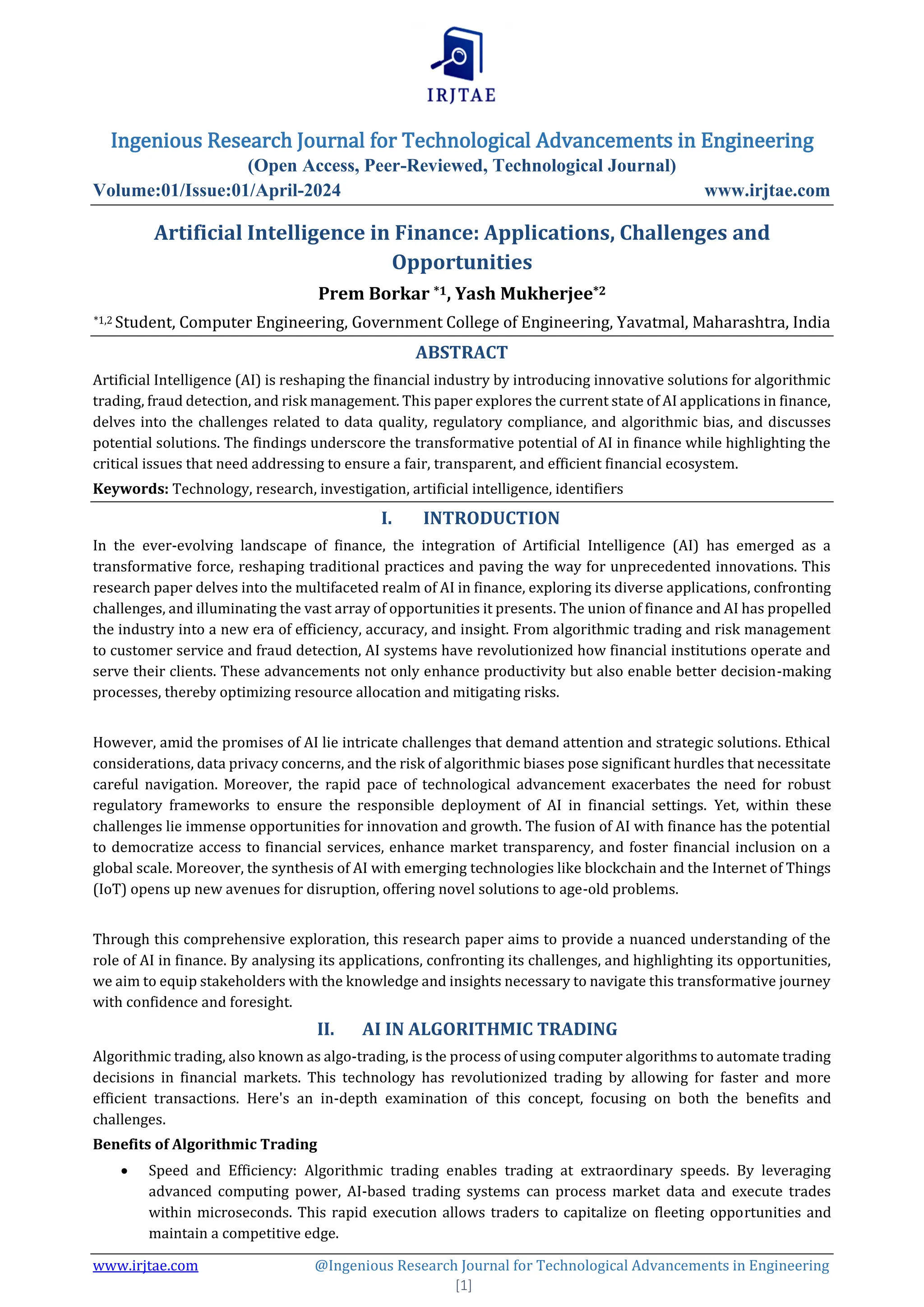 Artificial Intelligence in Finance: Applications, Challenges and Opportunities | PDF