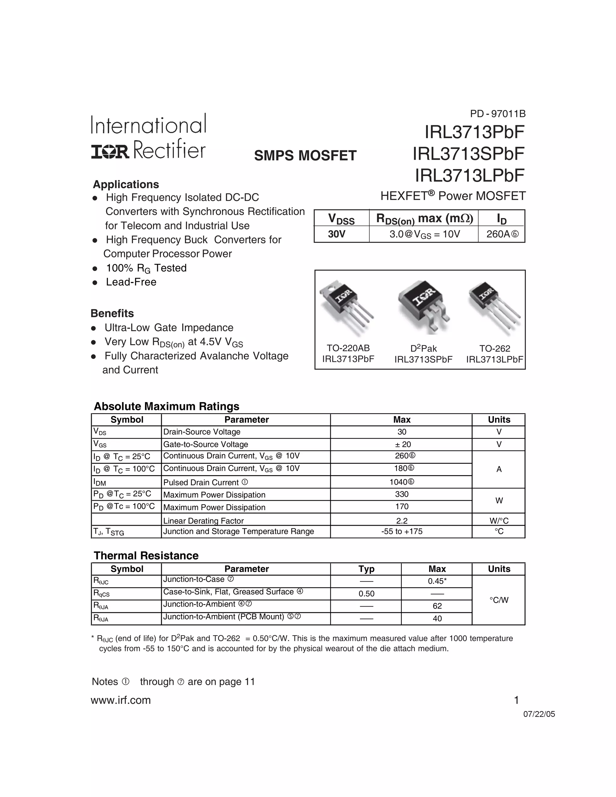 Original Mosfet IRL3713PBF 3713 30V 180A TO-220 New IR | PDF