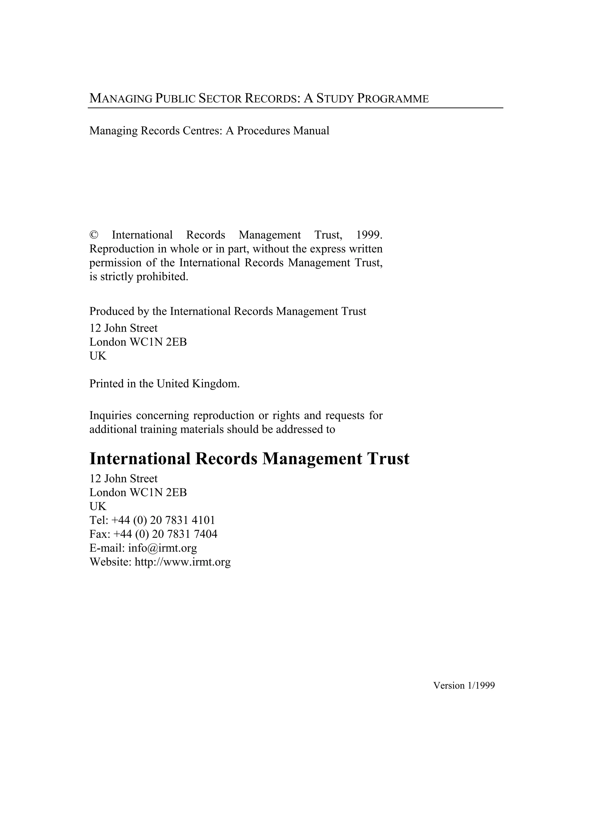 Irmt managing record centers: A procedure manual | PDF