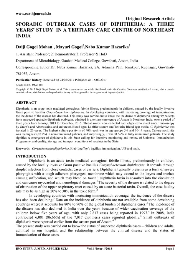 SPORADIC OUTBREAK CASES OF DIPHTHERIA: A THREE YEARS’ STUDY IN A ...
