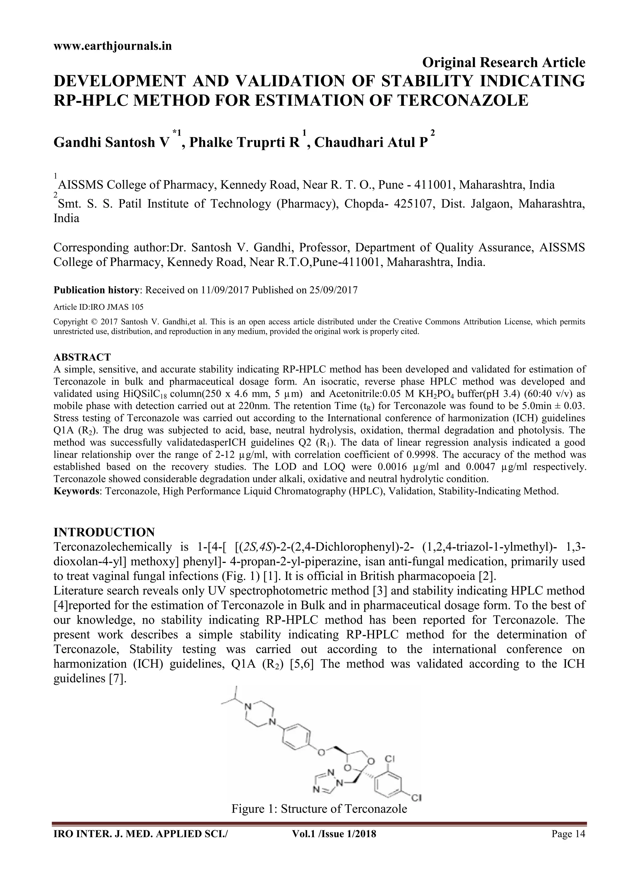 DEVELOPMENT AND VALIDATION OF STABILITY INDICATING RP-HPLC METHOD FOR ESTIMATION OF TERCONAZOLE ...