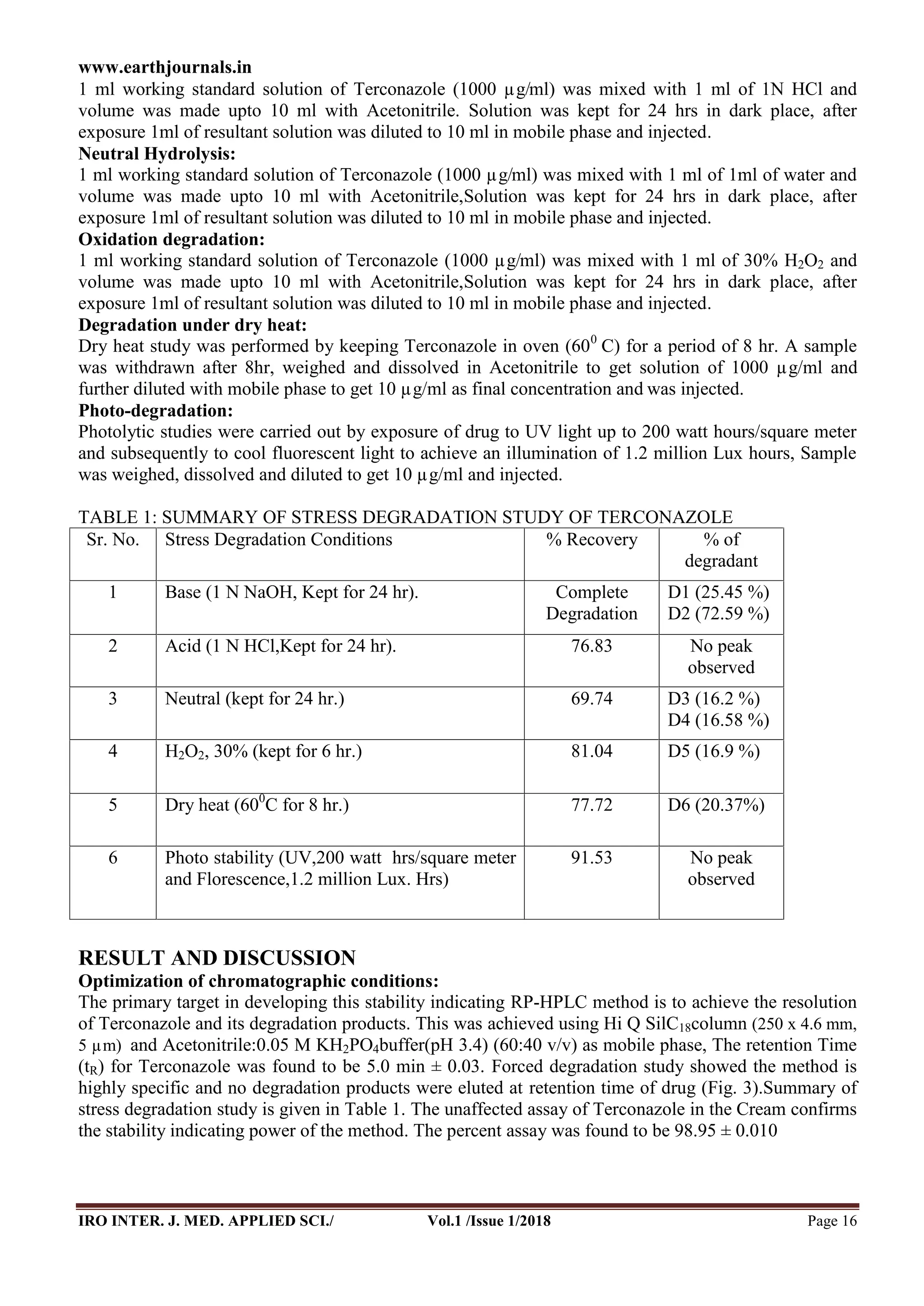 DEVELOPMENT AND VALIDATION OF STABILITY INDICATING RP-HPLC METHOD FOR ESTIMATION OF TERCONAZOLE ...