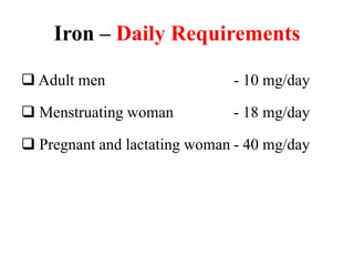 Iron biochemical role, rda and deficiency bic 105 | PPTX