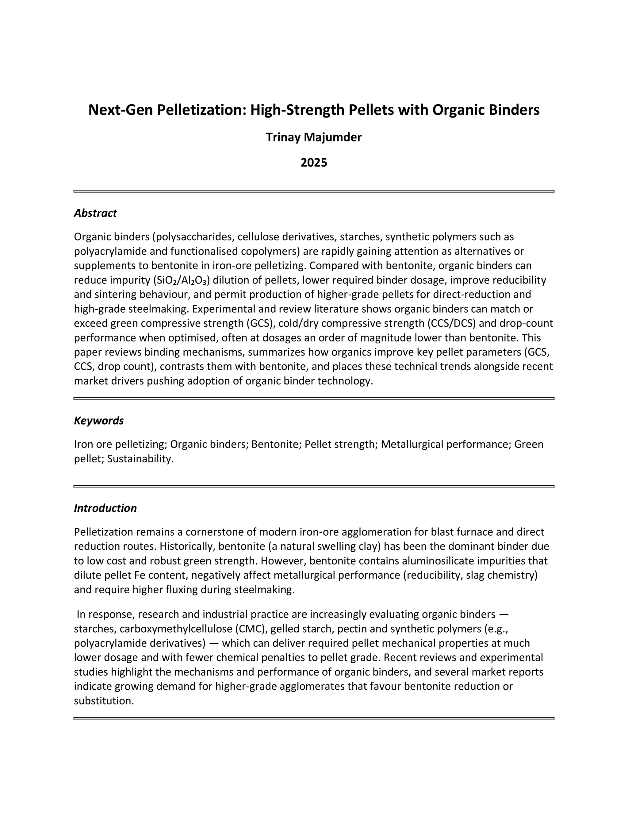 Organic Binders: The Future of Iron Ore Pelletization | PDF