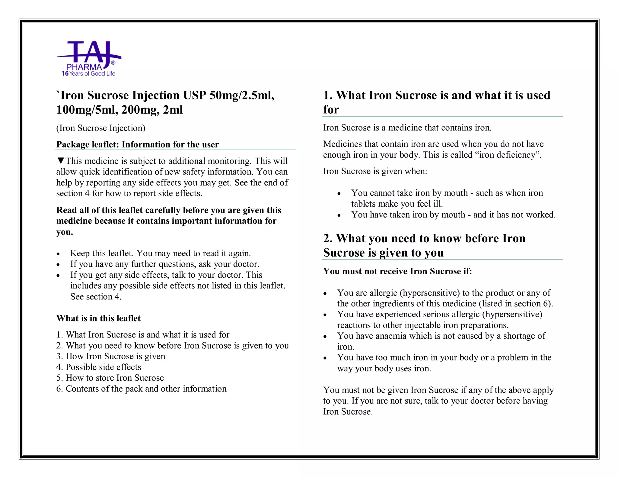 Iron Sucrose for Injection USP Taj Pharma PIL | PDF