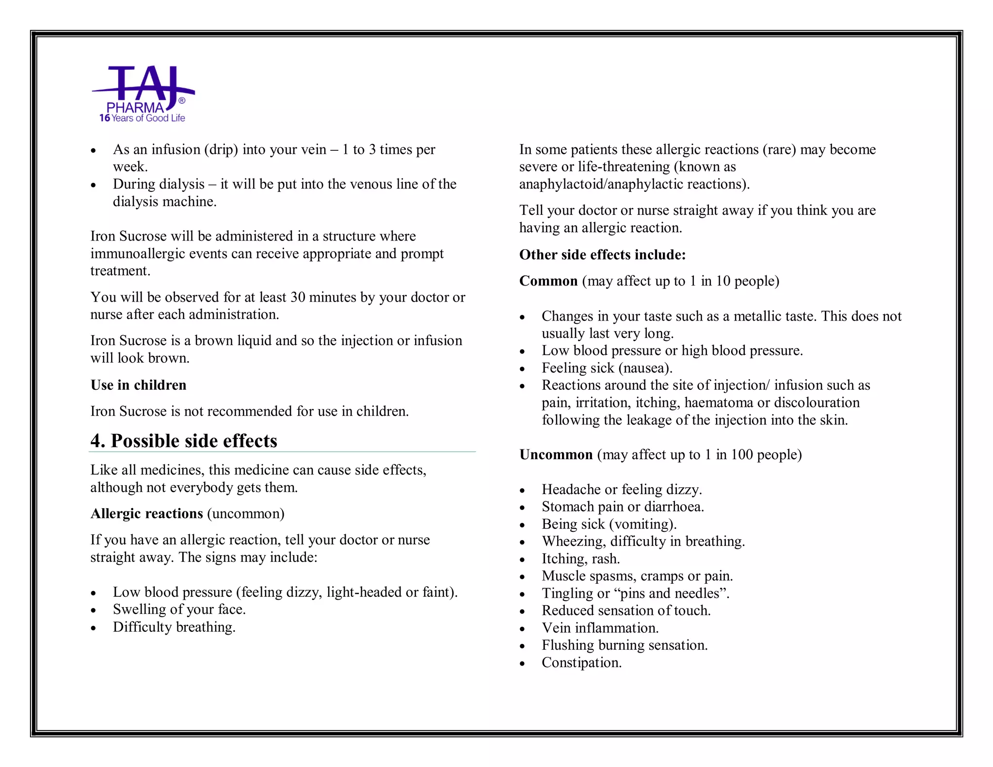 Iron Sucrose for Injection USP Taj Pharma PIL | PDF