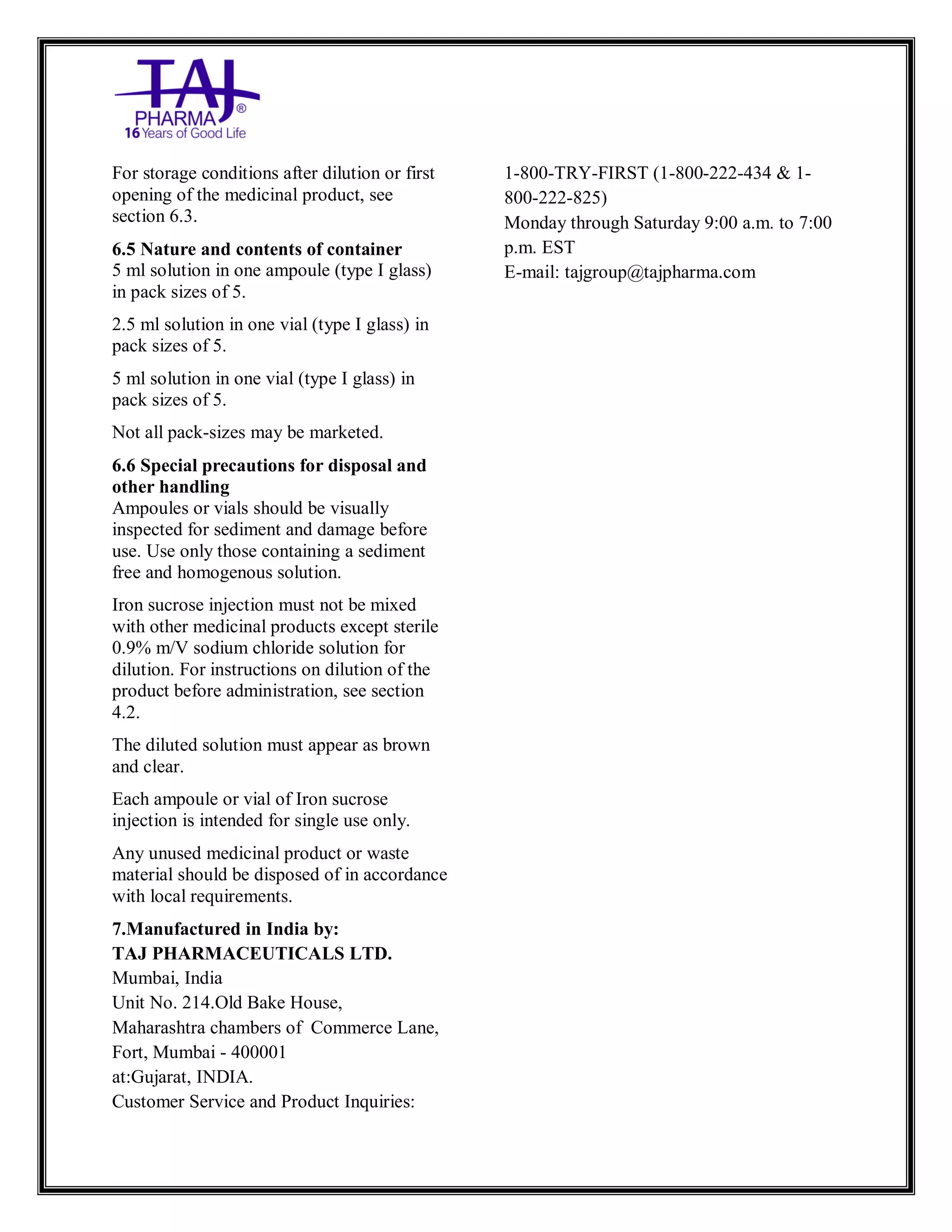 Iron Sucrose for Injection USP Taj Pharma SmPC | PDF