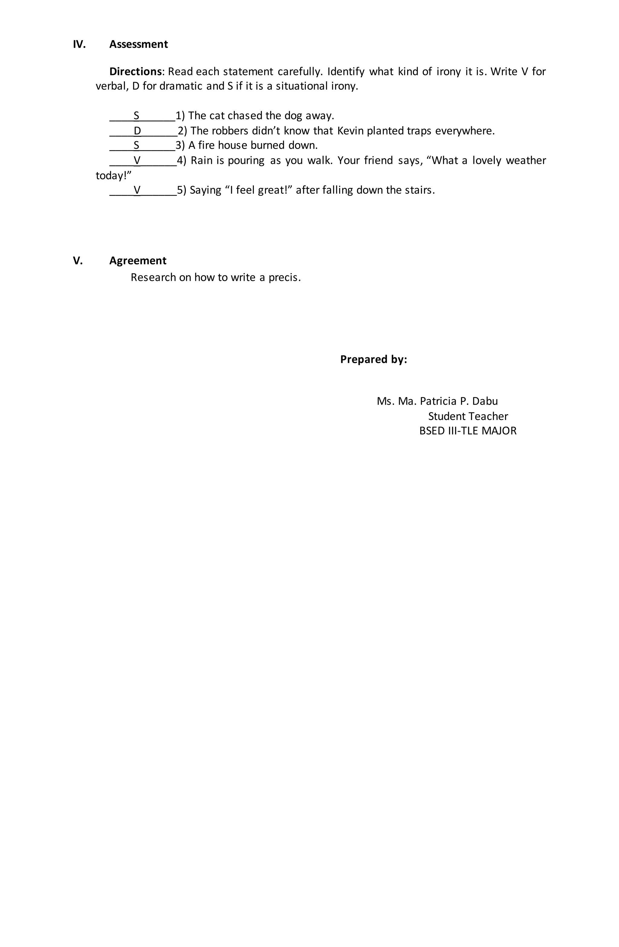 Semi Detailed lesson plan in ENGLISH: Irony | DOCX