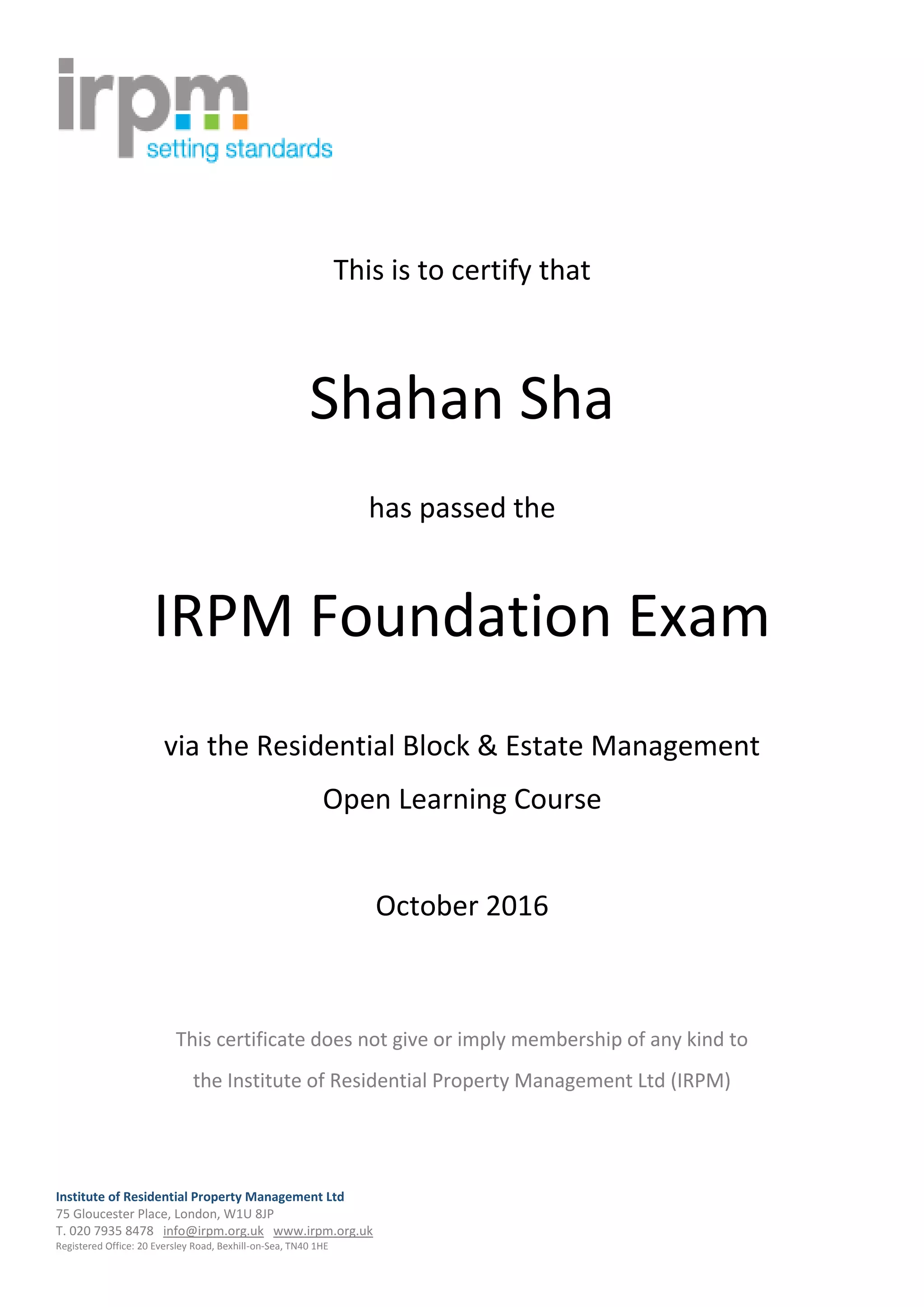 IRPM Foundation Certificate | PDF