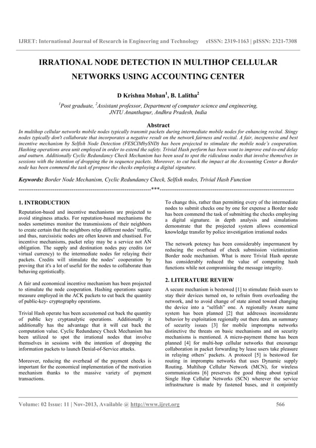 Irrational node detection in multihop cellular | PDF | Information and Network Security | Computing