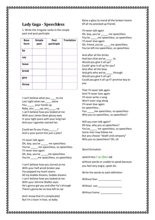 Irregular verbs.lady gaga. music | PDF