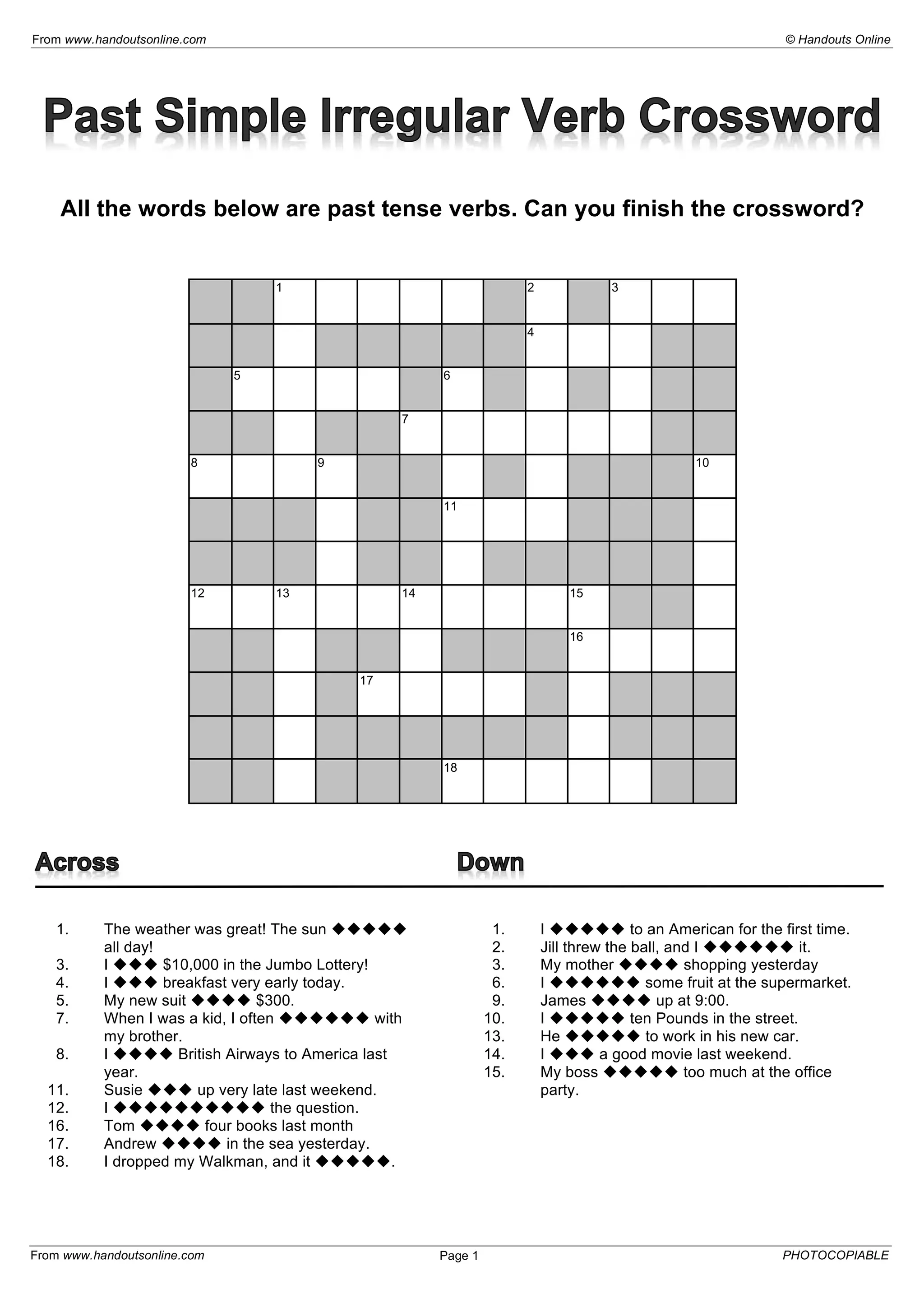 Irregular verbs crosword past simple | PDF
