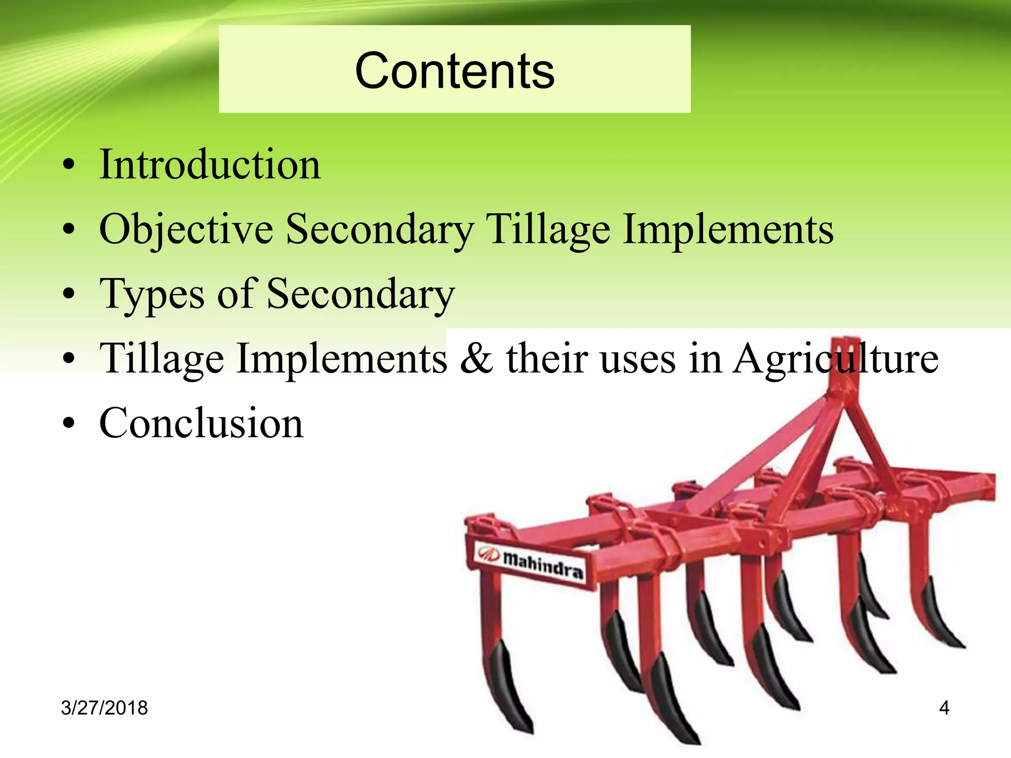 Secondary Tillage implements & their uses in Agriculture | PPTX