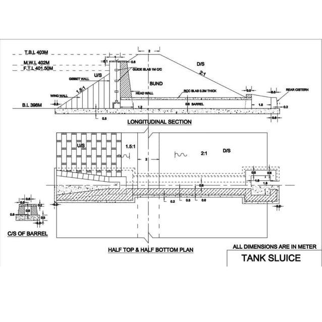 Earthen Bund, Sluice and Bridge Drawings 2D and 3D | PPTX