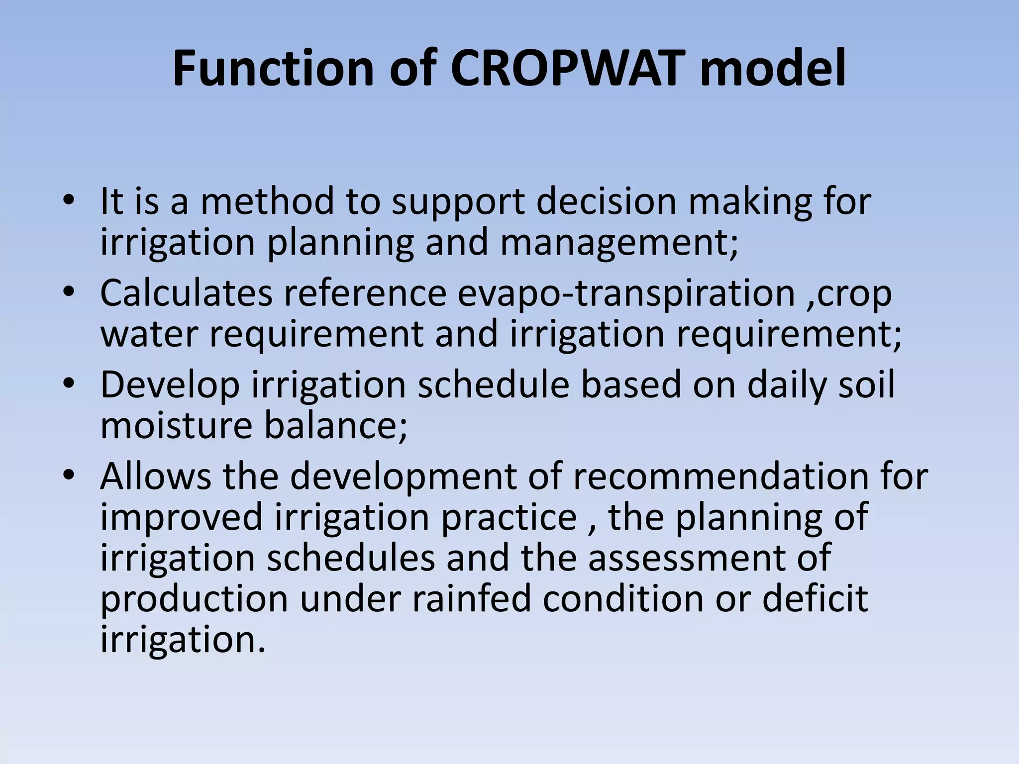 Irrigation planning with the help of cropwat 8.0 | PPTX