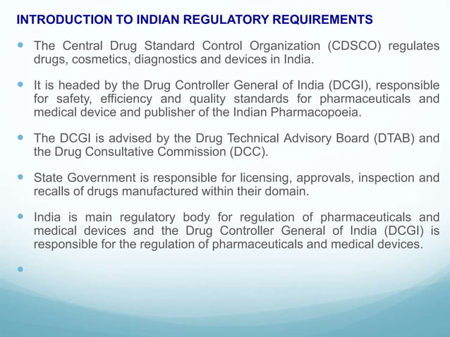 Indian regulatory requirements- CDSCO ( IP-2 / UNIT 5 ) | PPTX | Pharmaceutical Industry ...