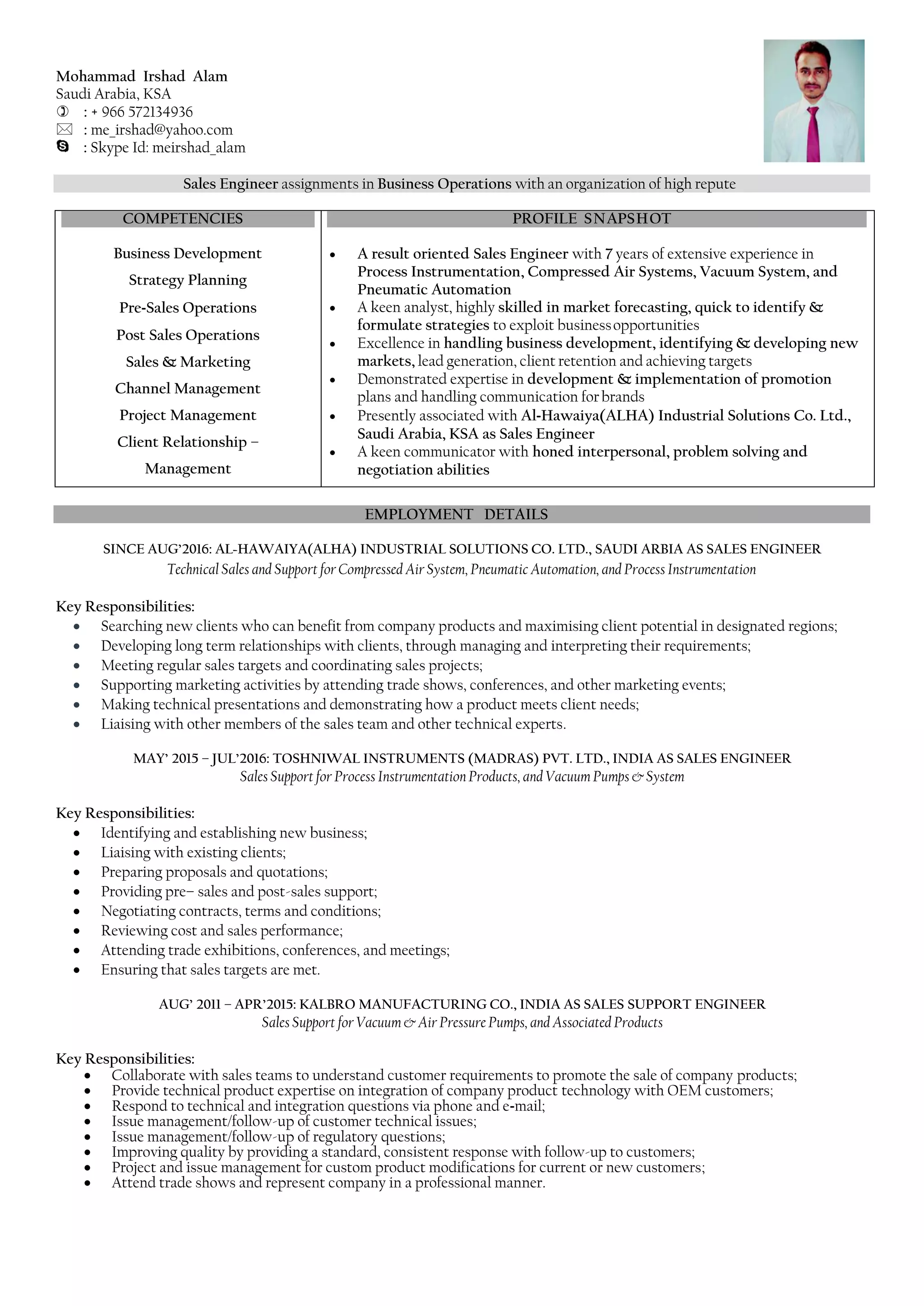 Mohammad Irshad Alam, Sales Engineer - Saudi Arabia | PDF