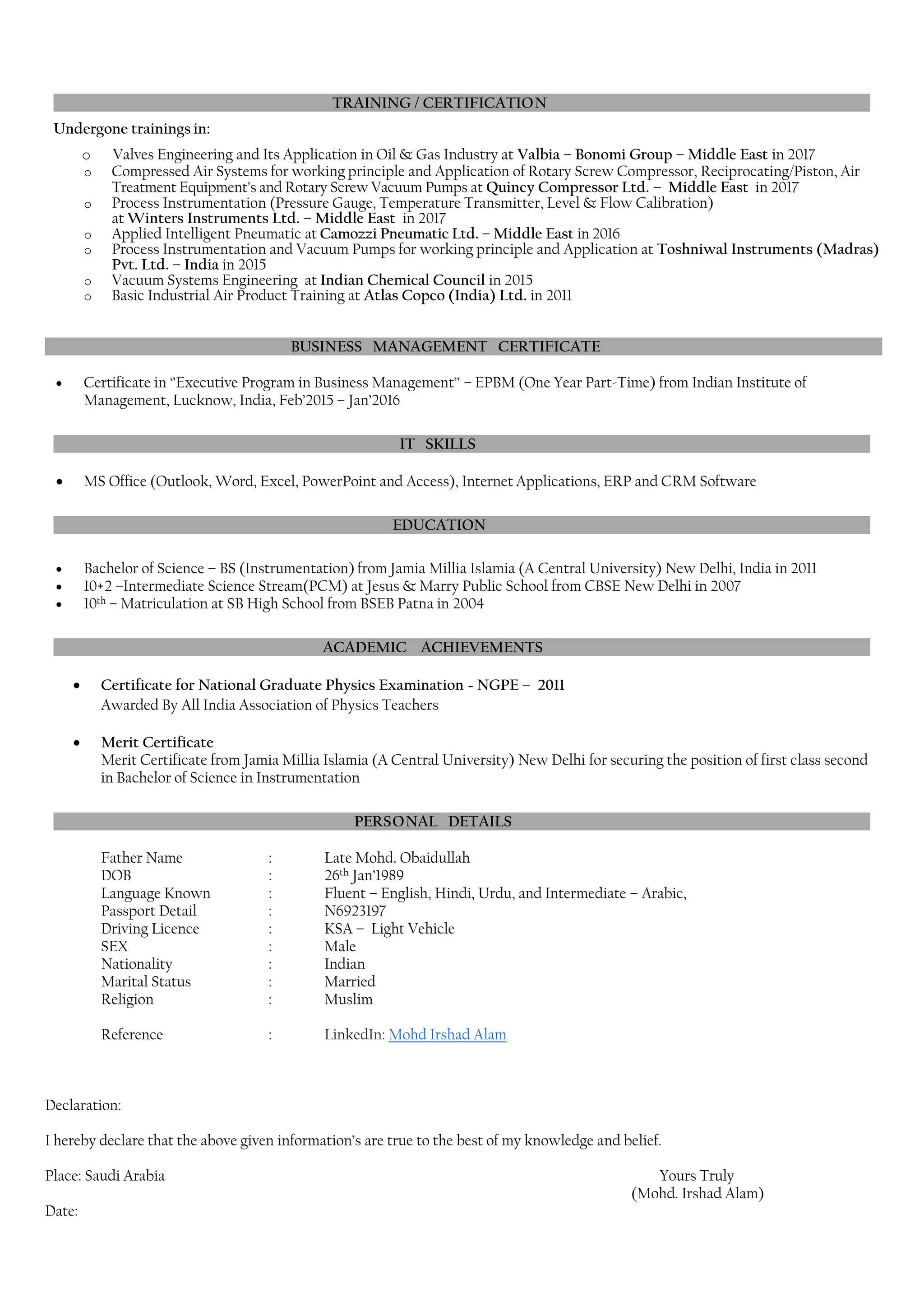 Irshad Alam - Sales Engineer Saudi Arabia | PDF