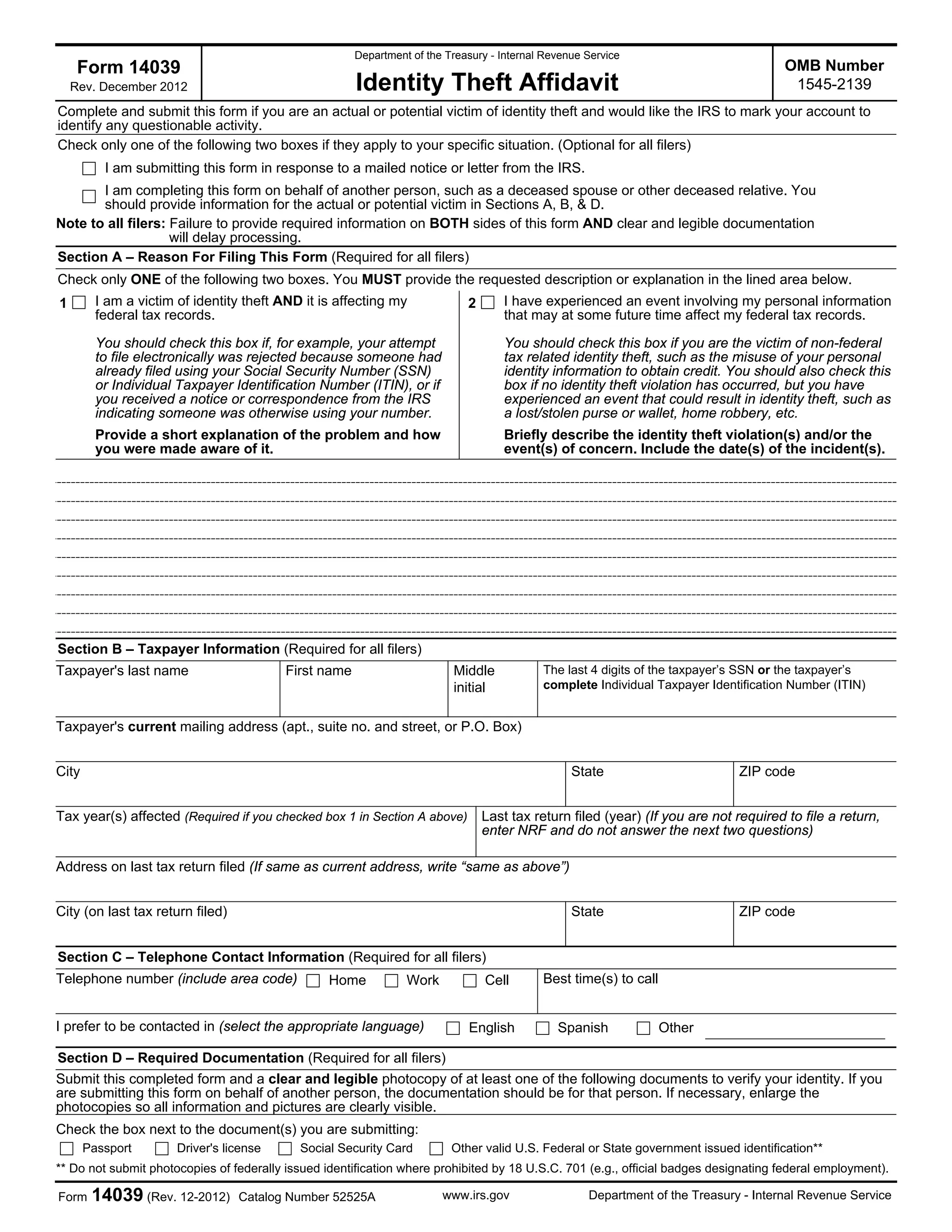 IRS ID Theft Affidavit Form 14039 | PDF
