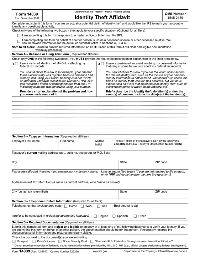 IRS ID Theft Affidavit Form 14039 | PDF