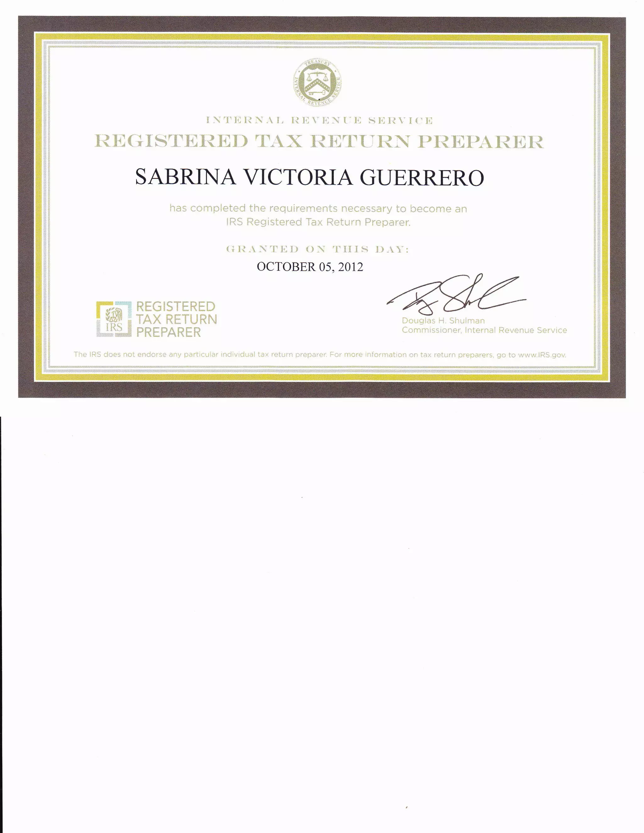 Irs registered tax return preparer certificate | PDF