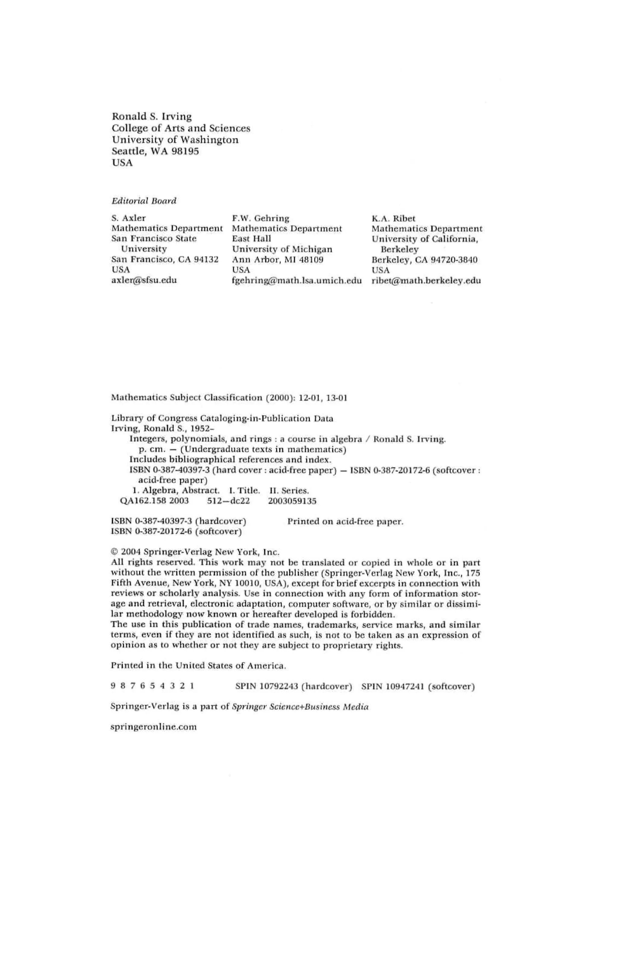 Irving, R. S. - Integers, Polynomials, and Rings.pdf