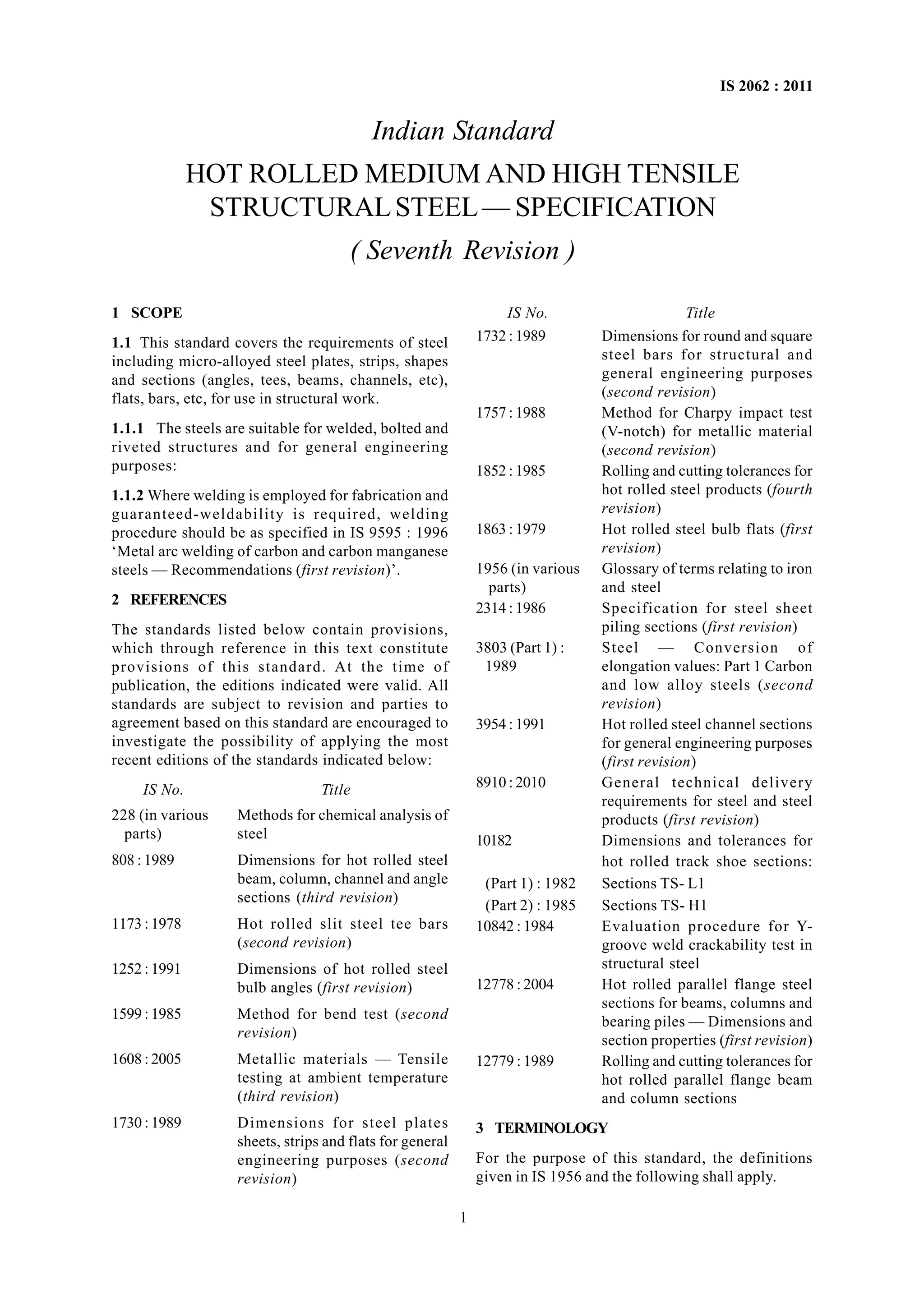 IS 2062(2011) Seventh Revision: Hot rolled medium and high tensile ...