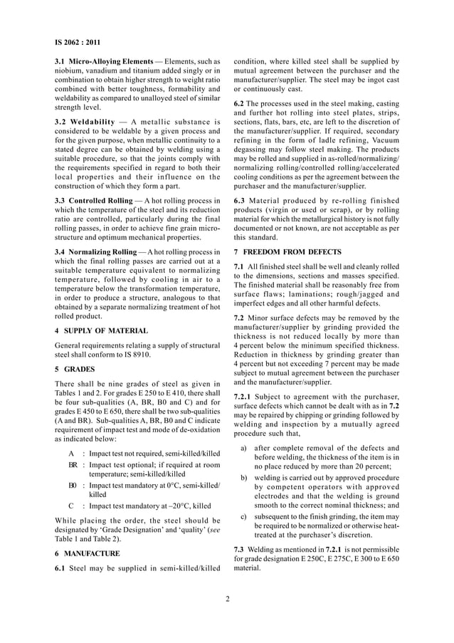 IS 2062(2011) Seventh Revision: Hot rolled medium and high tensile structural steel ...