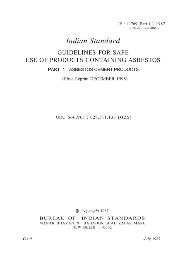 The IS 11769 Part 1 Usage of Asbestos Cement Products | PDF