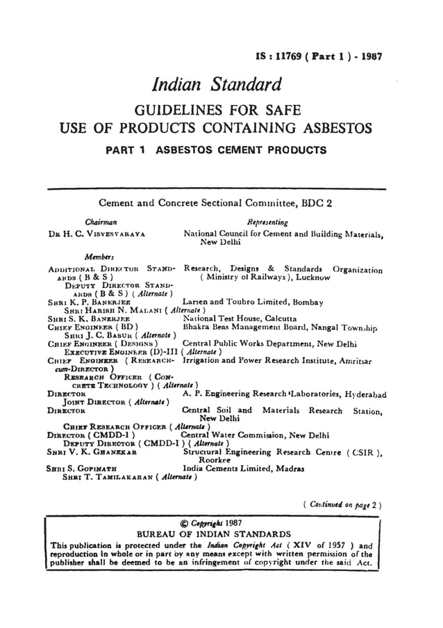 The IS 11769 Part 1 Usage of Asbestos Cement Products | PDF
