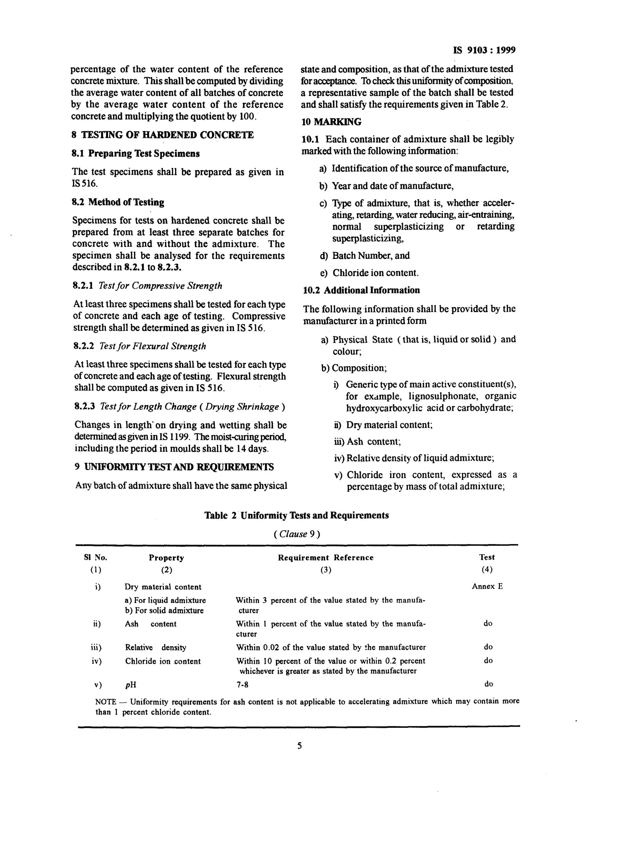 IS 9103 1999 Code for specification of admixtures mainly for chemical ...
