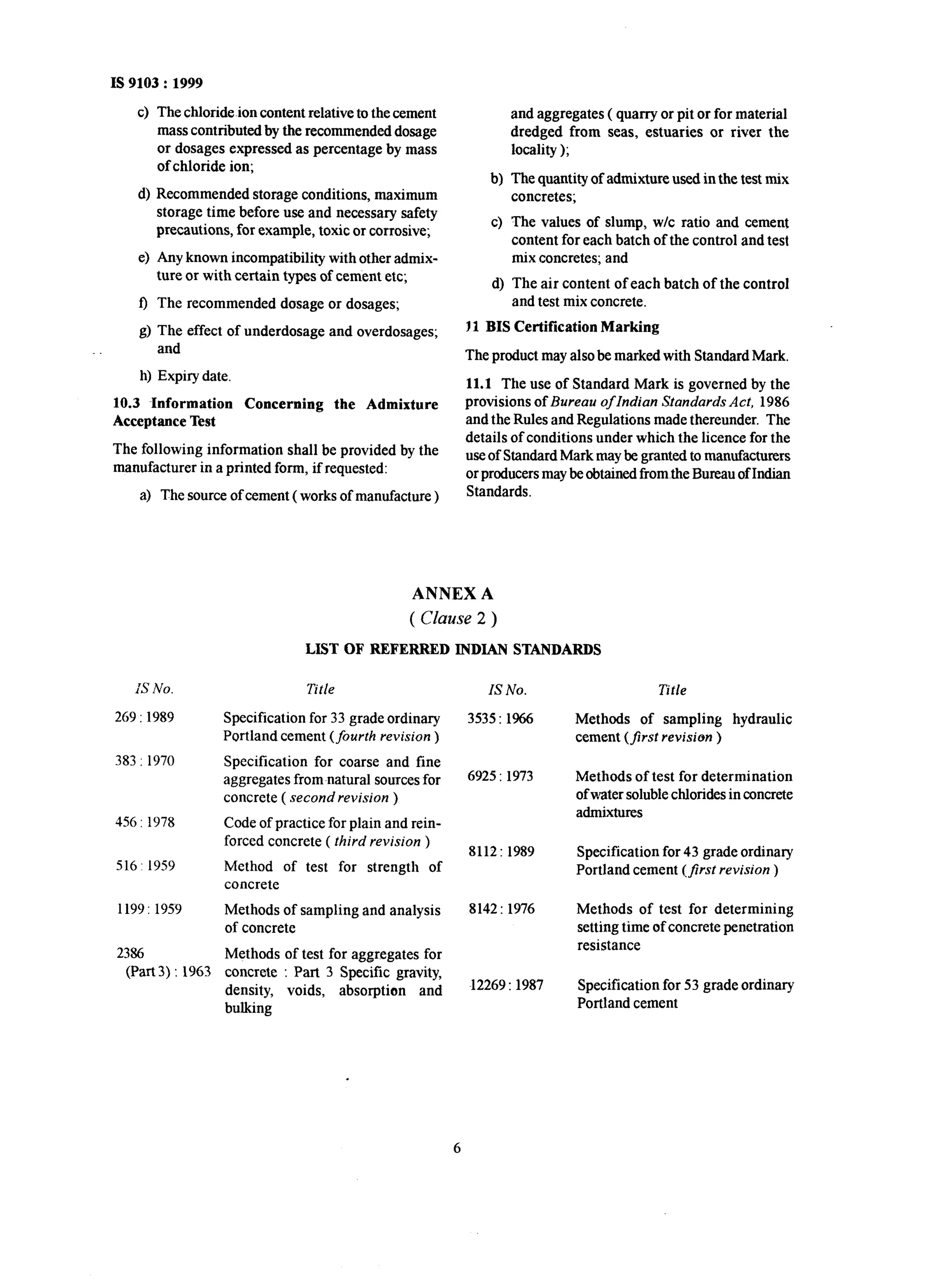 IS 9103 1999 Code for specification of admixtures mainly for chemical ...
