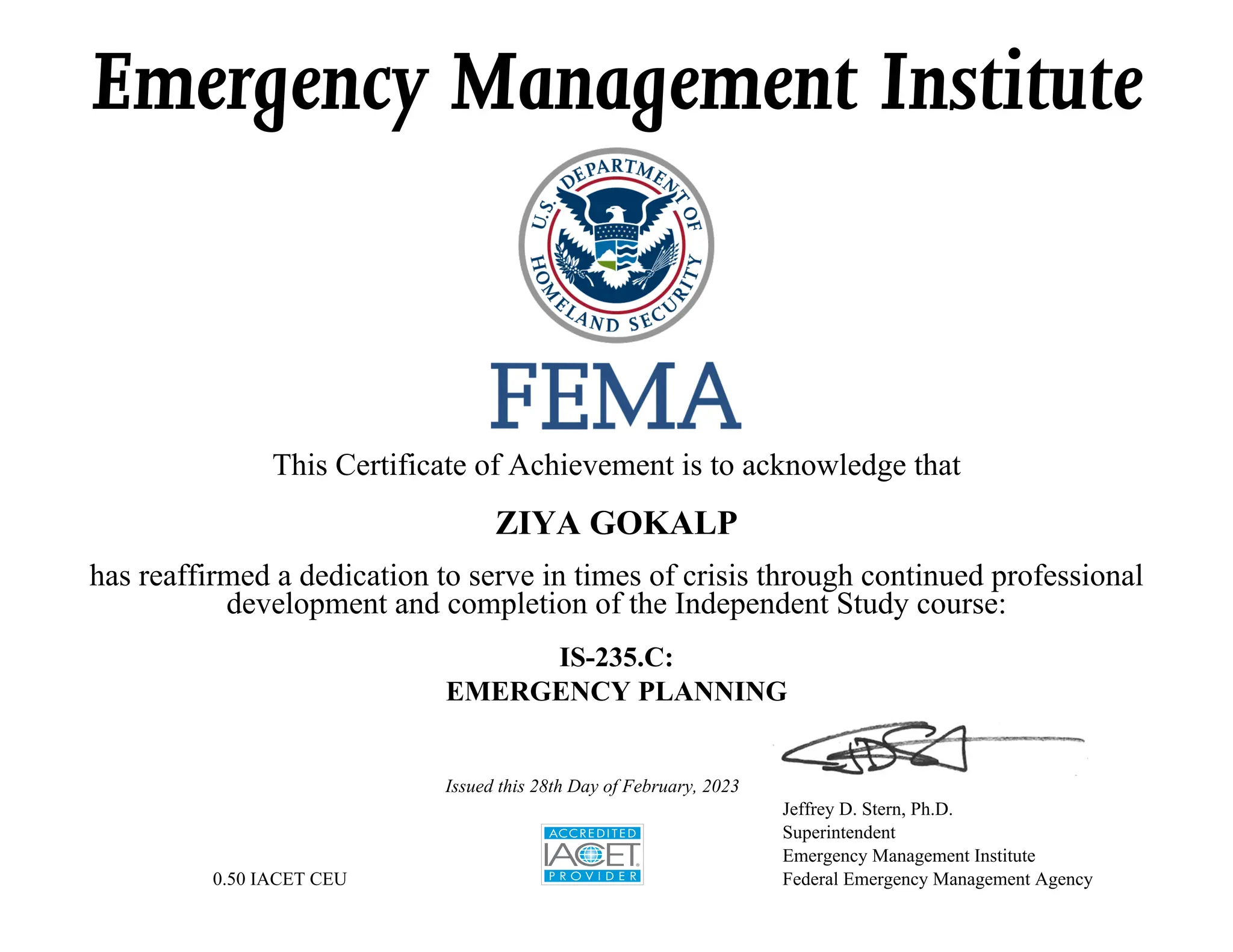 Emergency Planning Certificate from FEMA | PDF