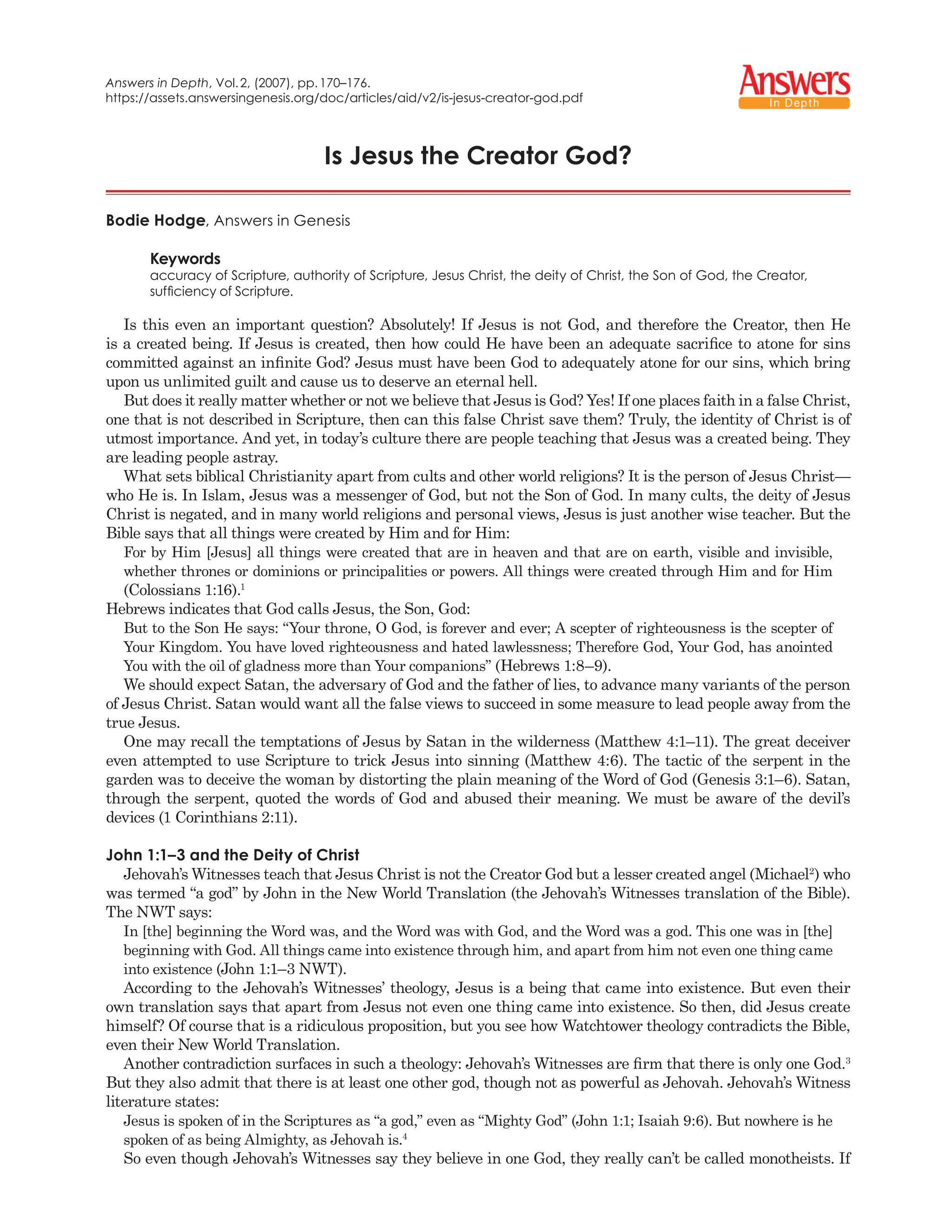 Is jesus the creator God? Answers in depth by Hodge | PDF