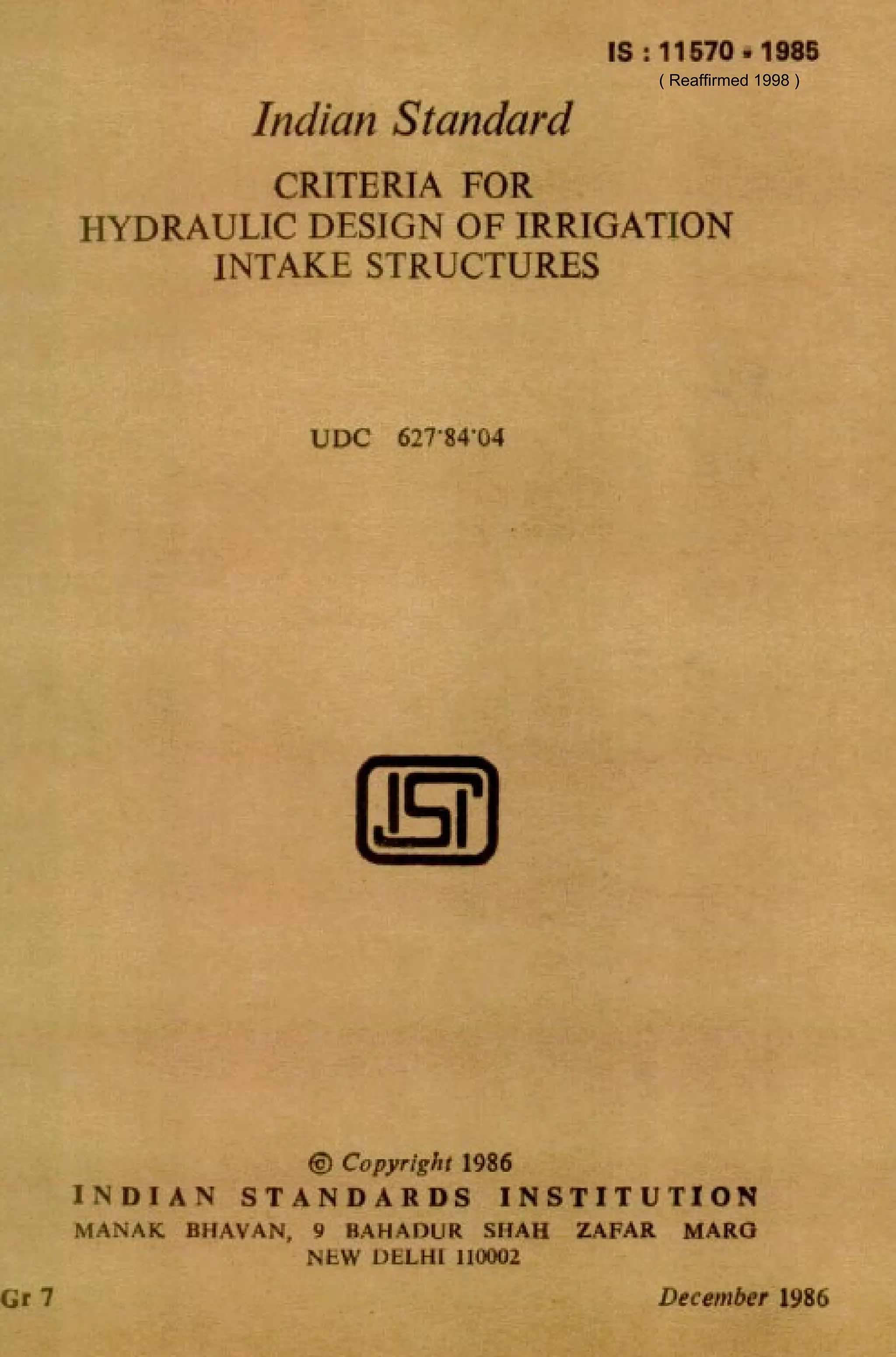 IS 11570 (1985)_ Criteria for hydraulic design of irrigation intake ...