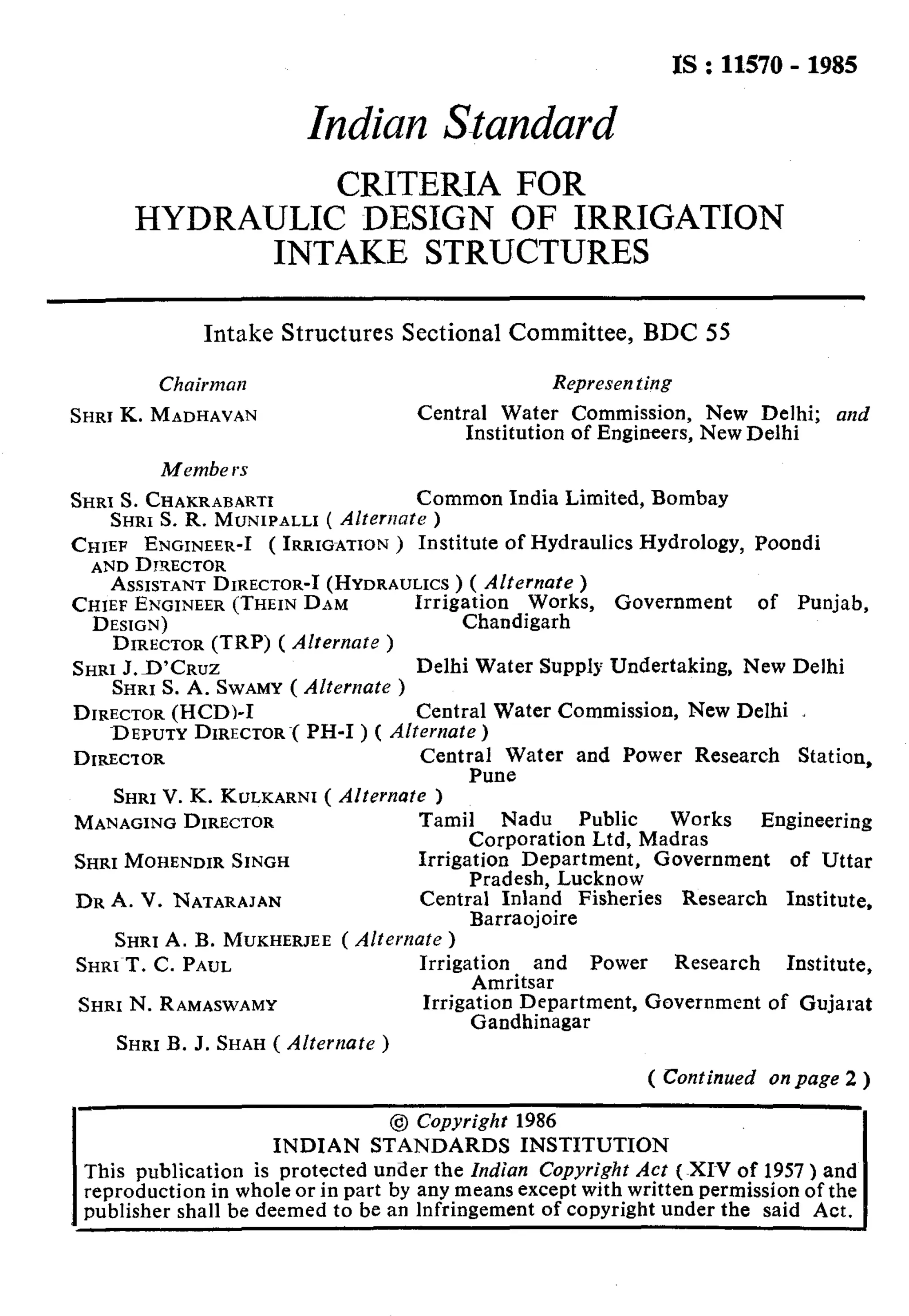 IS 11570 (1985)_ Criteria for hydraulic design of irrigation intake ...