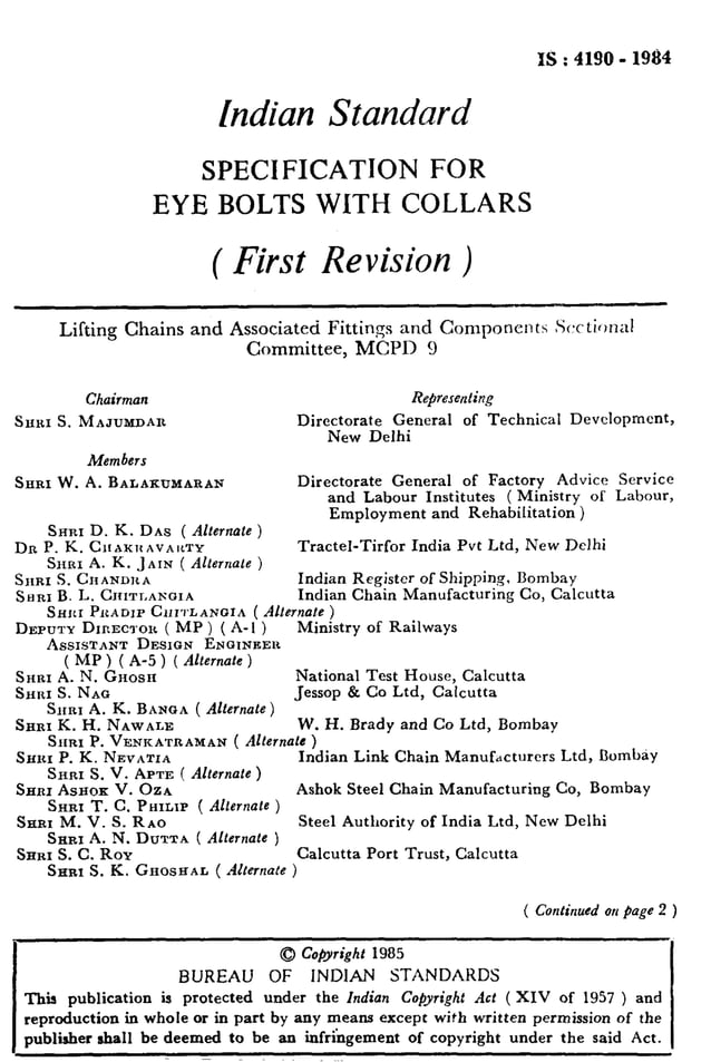 Is 4190.1984 lifting eye bolts | PDF