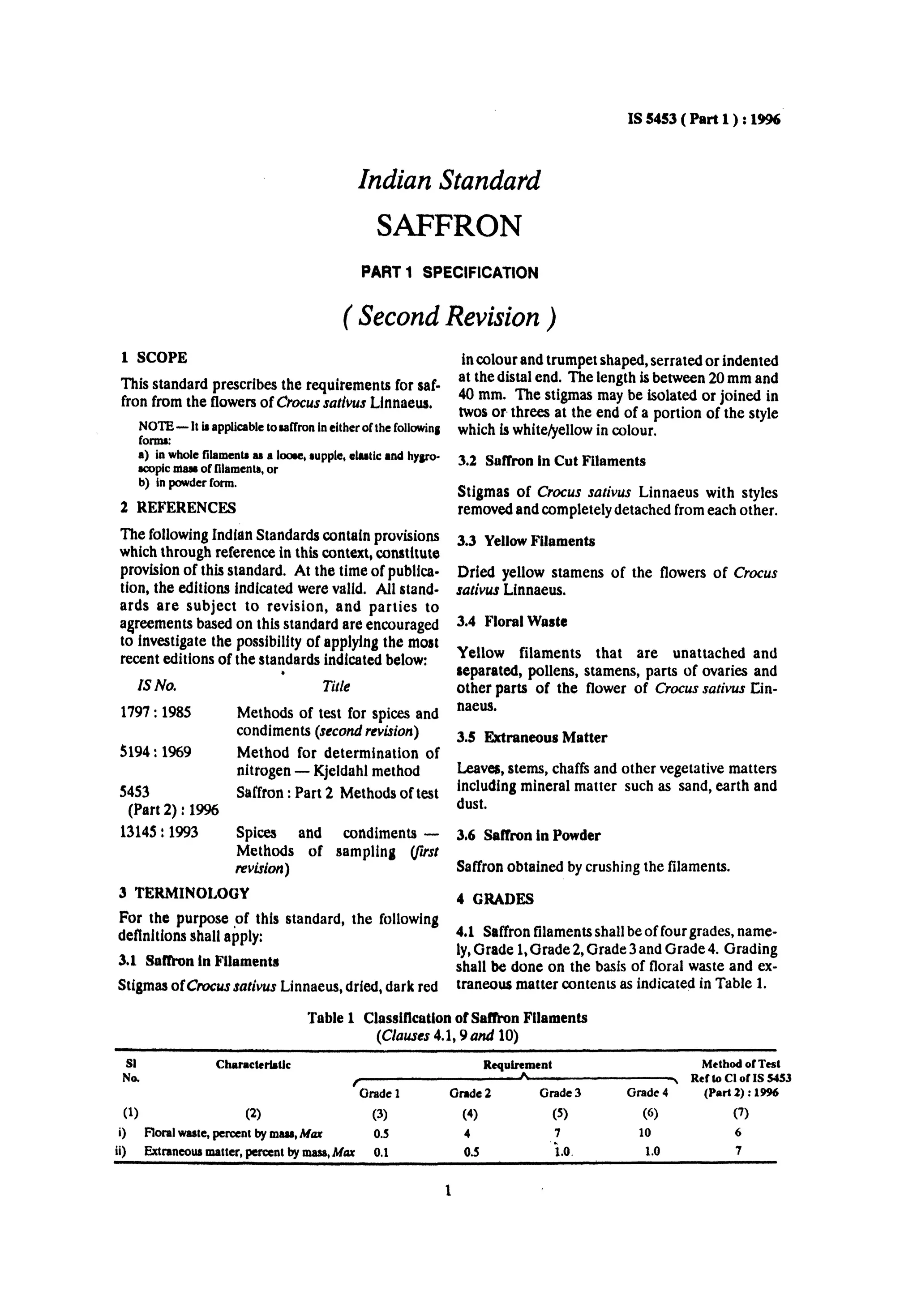 Is 5453 1 (1996) saffron, part 1- specification | PDF