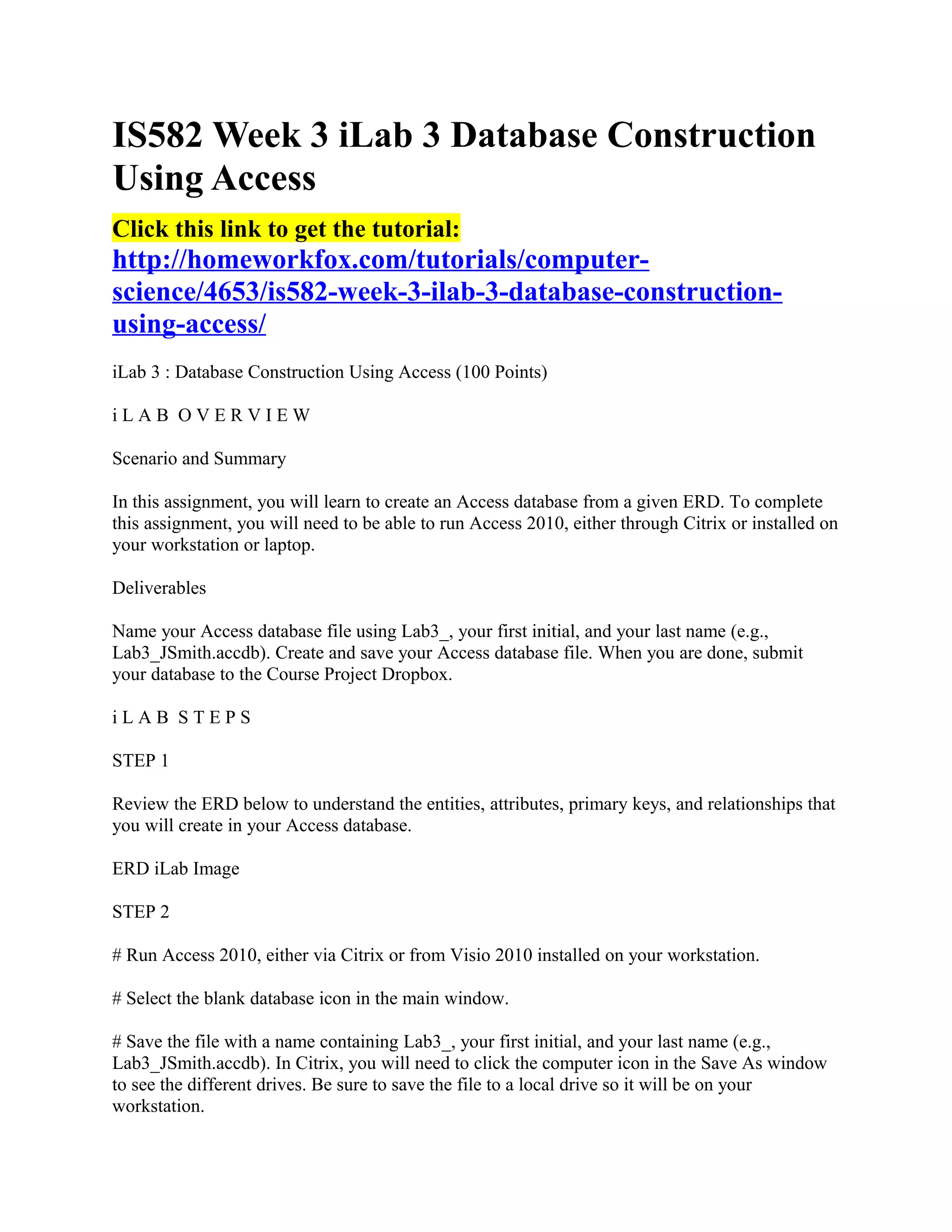 Is582 week 3 i lab 3 database construction using access | DOC