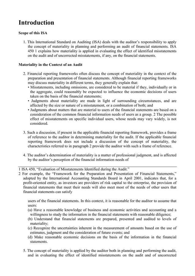 Isa 320 materiality in planning and performing an audit en ingles ...