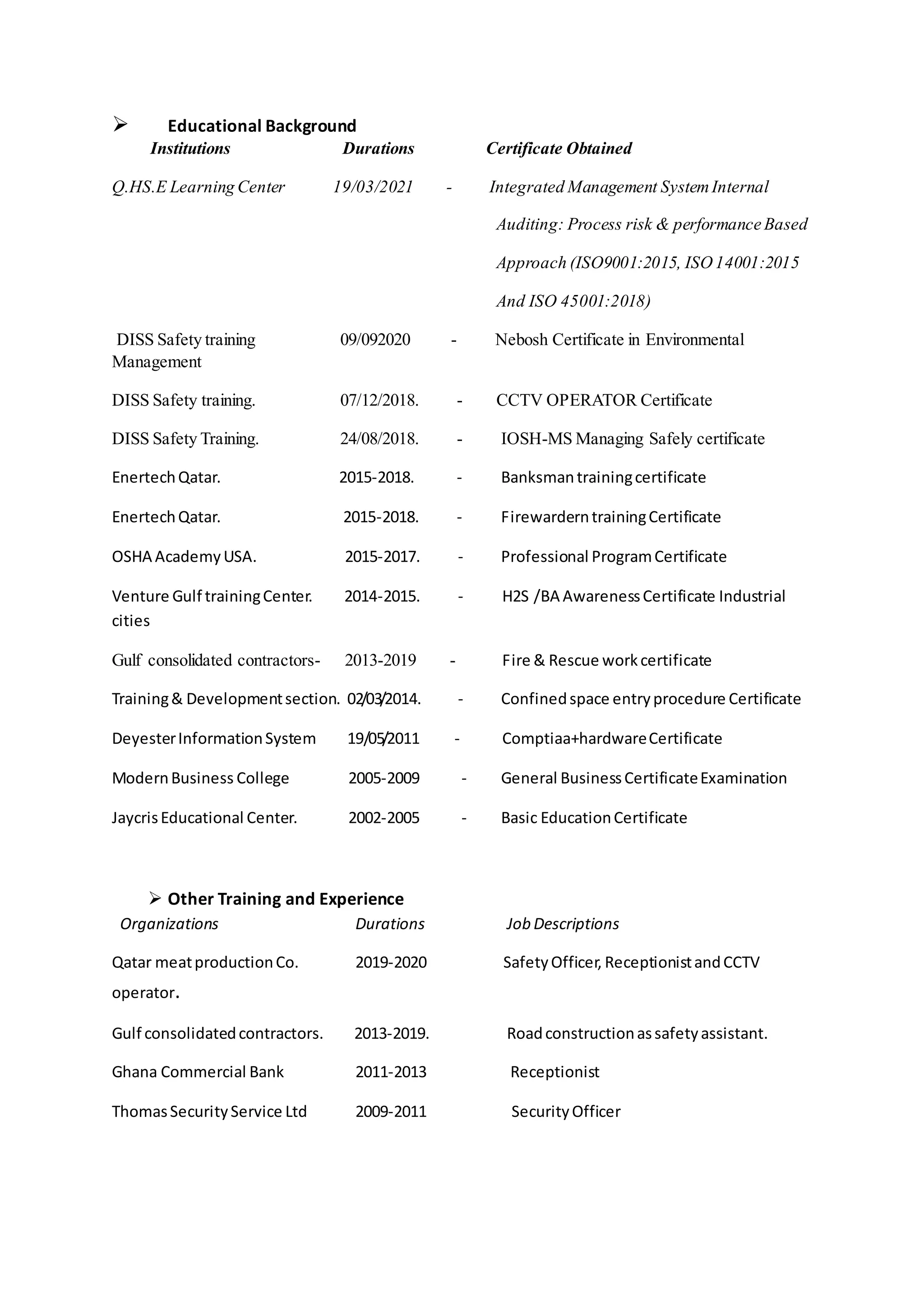 Isaac safety curriculum vitae | DOC