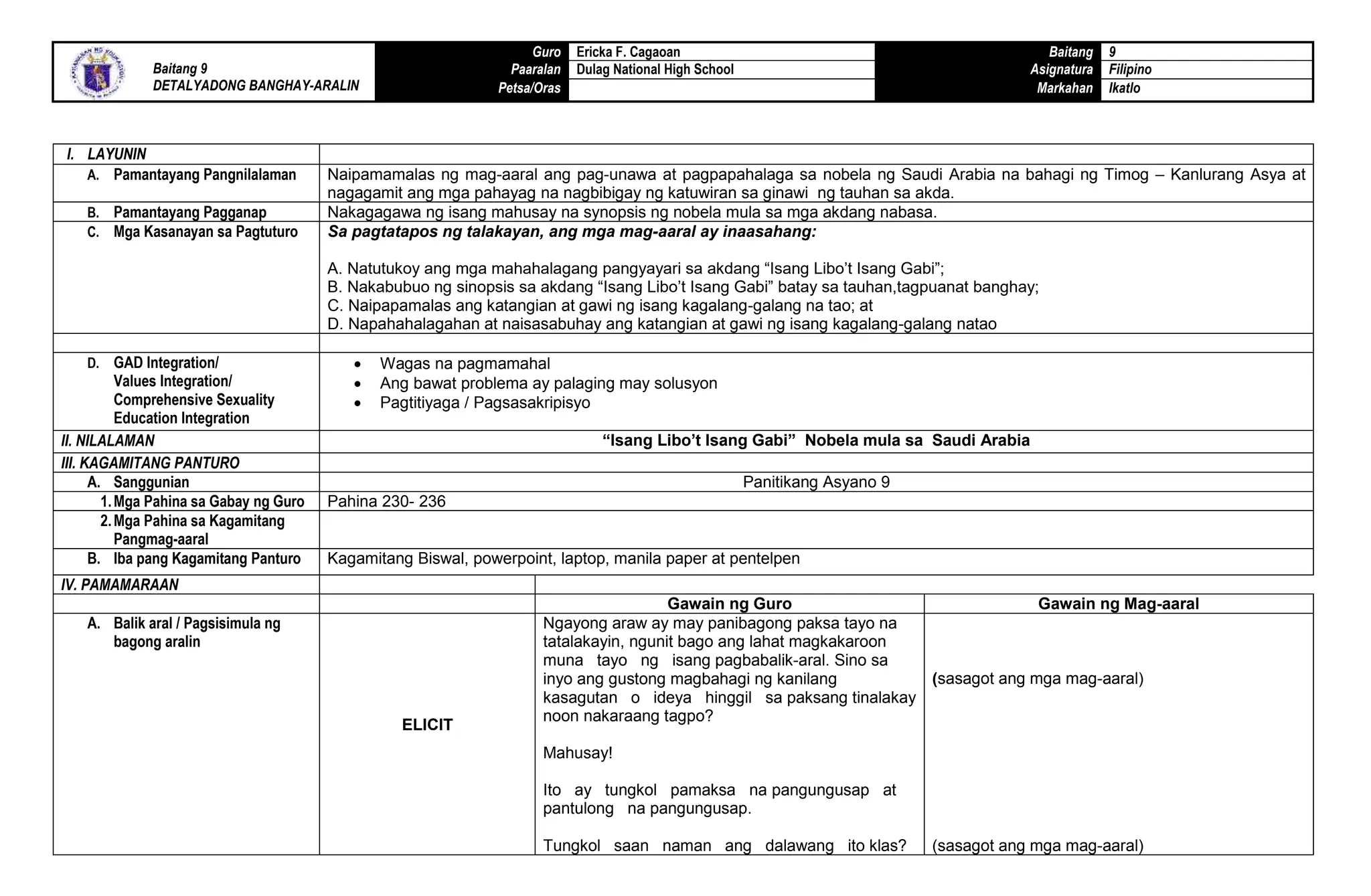 Isang Libo't Isang Gabi _DLP. o banghay aralin | DOCX