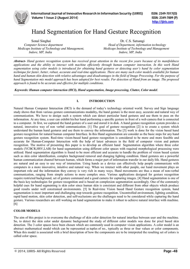 Hand Segmentation For Hand Gesture Recognition Pdf