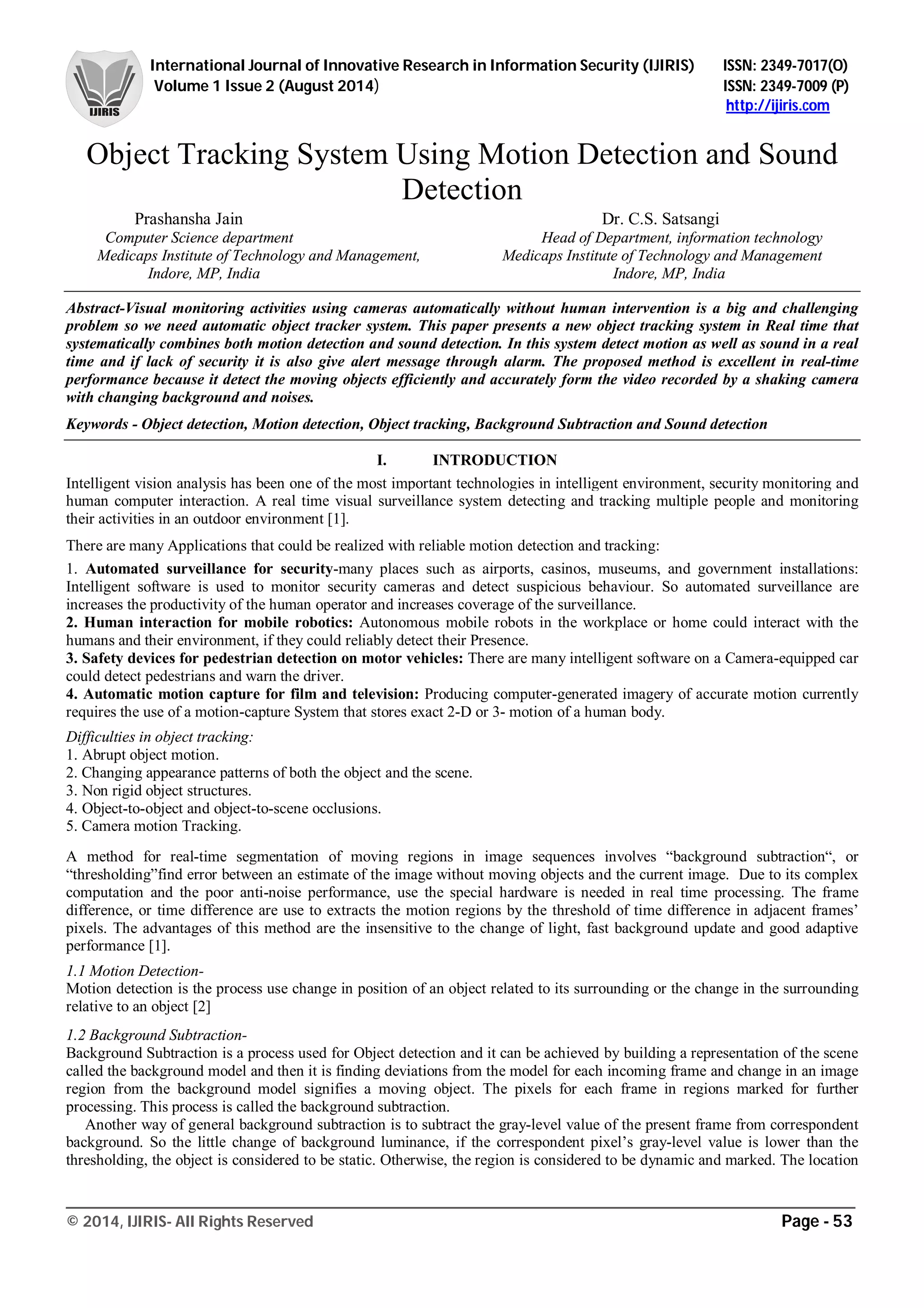 Object Tracking System Using Motion Detection And Sound Detection Pdf