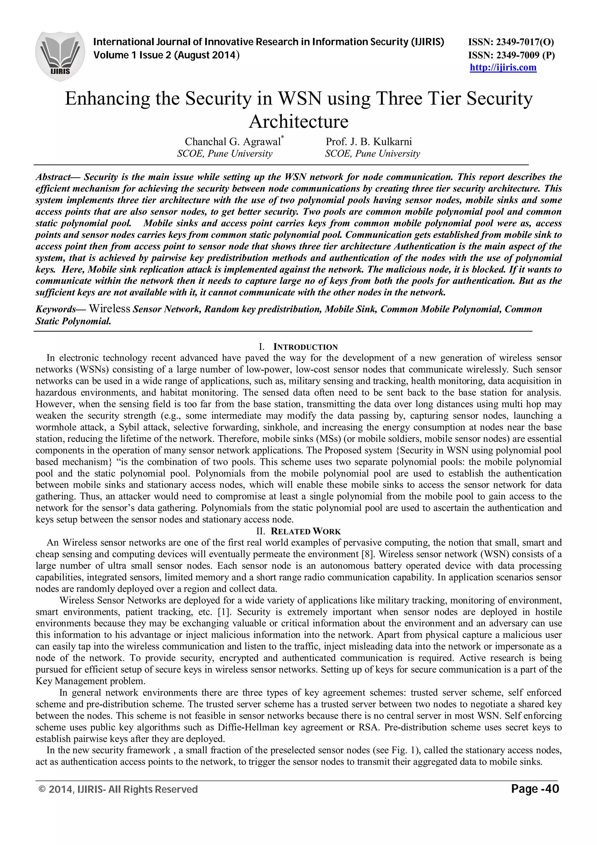 Enhancing the Security in WSN using Three Tier Security Architecture | PDF | Internet of Things ...
