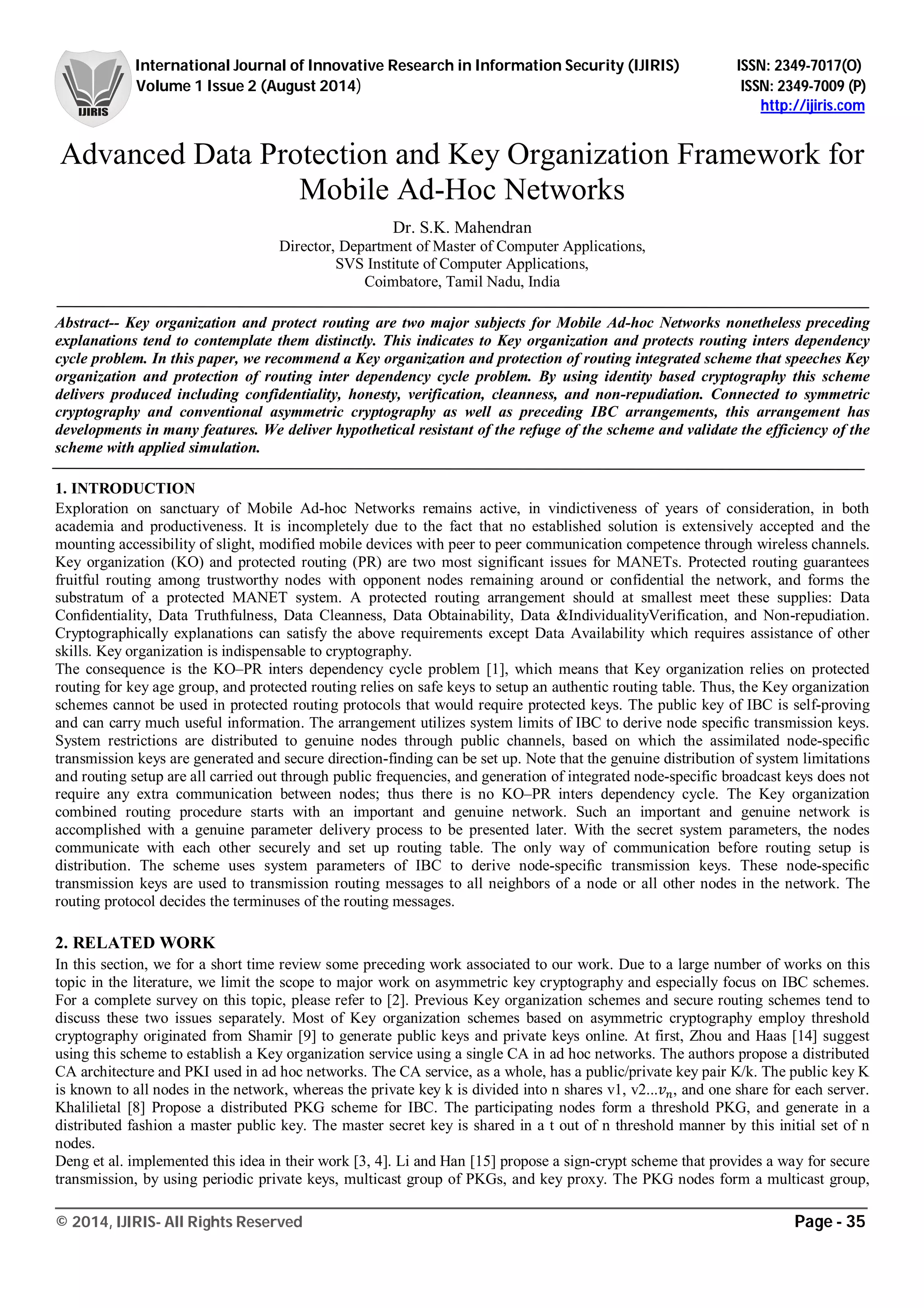 Advanced Data Protection and Key Organization Framework for Mobile Ad-Hoc Networks | PDF